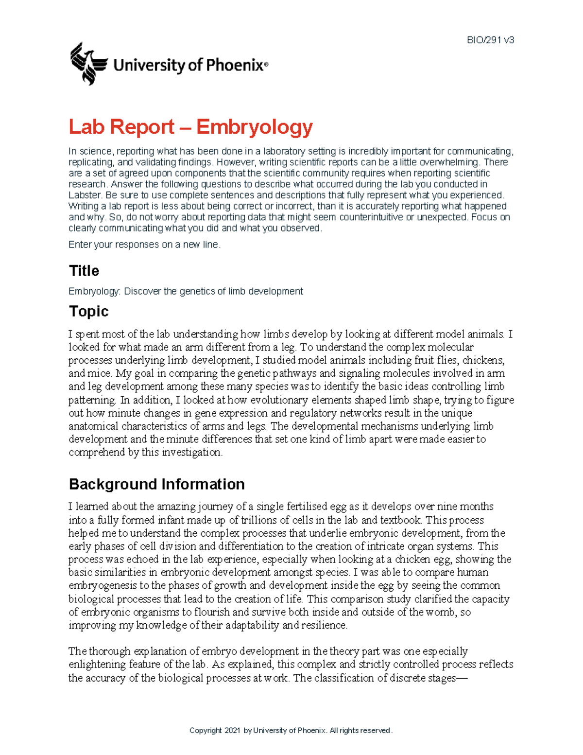 Bio291 v3 wk7 the embryology - BIO/291 v Lab Report – Embryology In ...