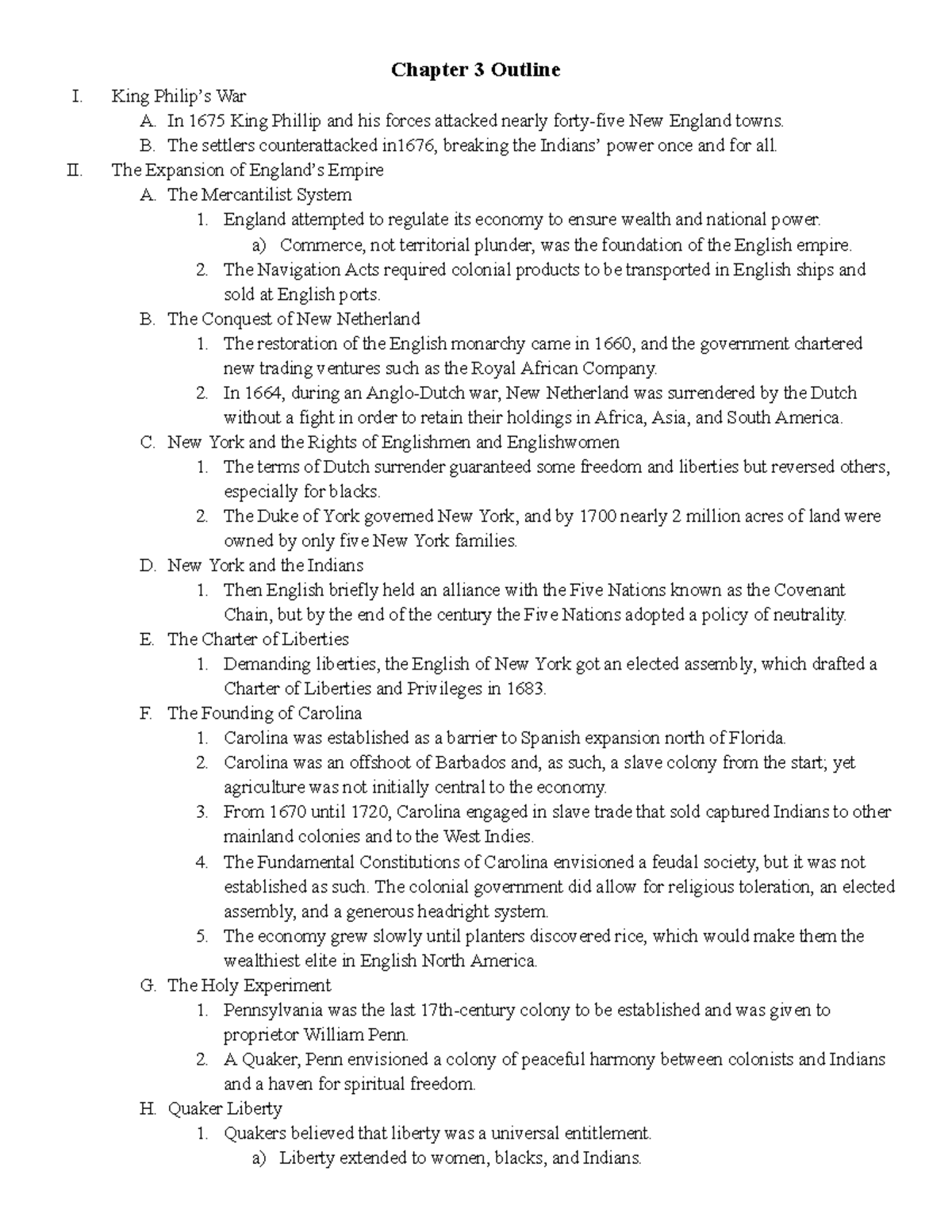 Copy of Foner Ch. 3 Oultine - Chapter 3 Outline I. King Philip’s War A ...