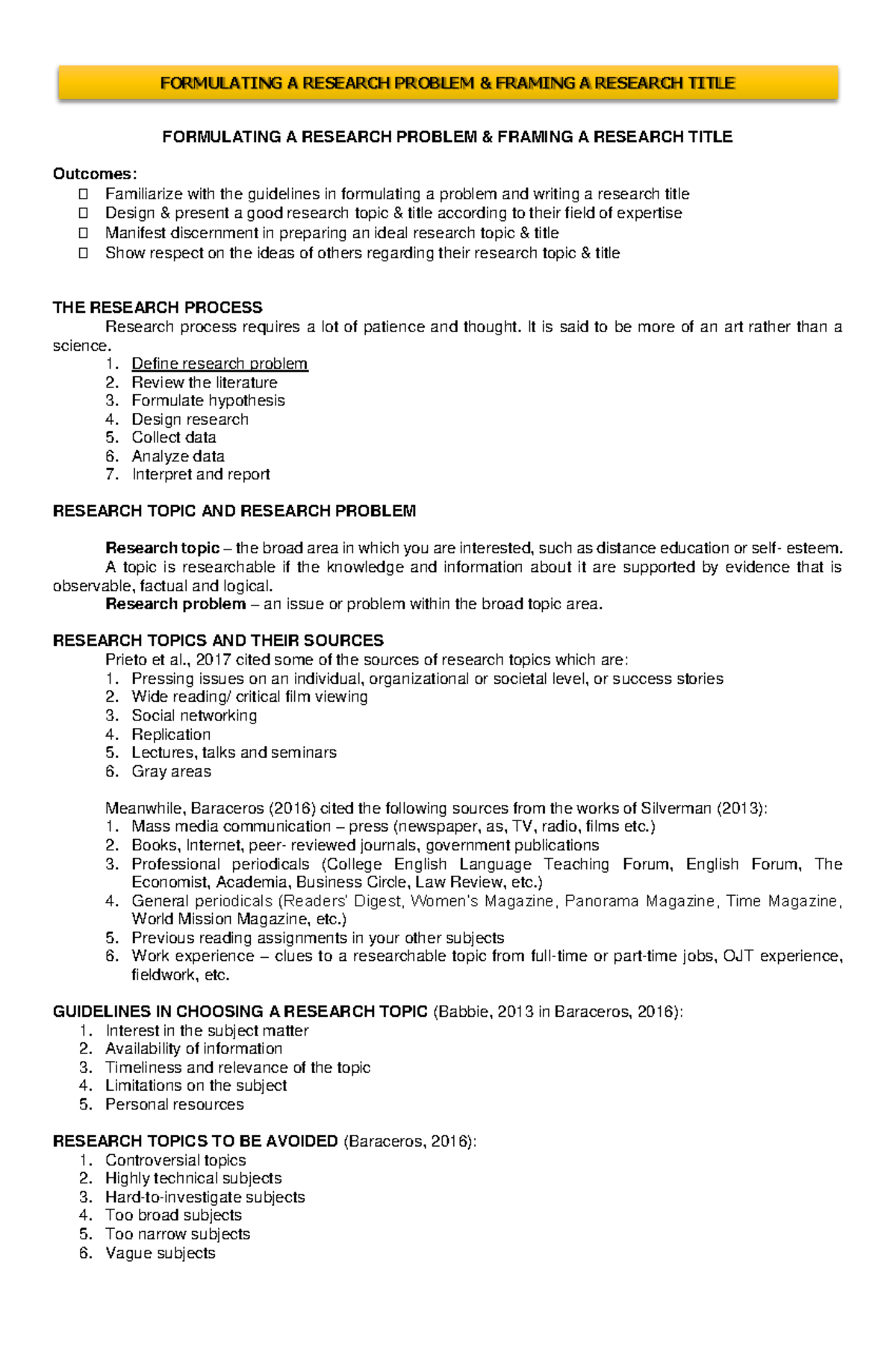 Formulating a Research Problem Framing a Research Title March 28 Rev ...