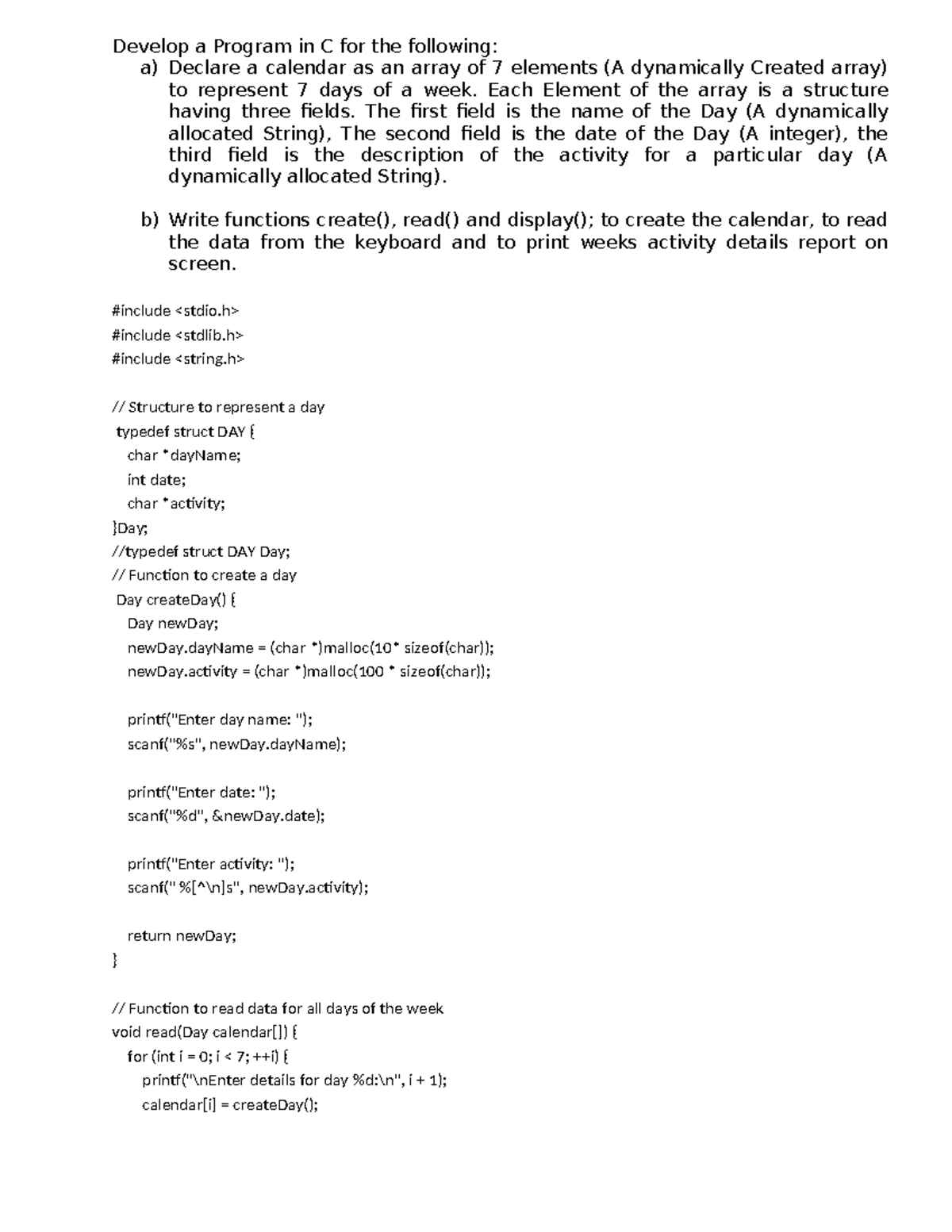 DS LAB Programs - J3i2 - Develop a Program in C for the following: a) Declare a calendar as an ...