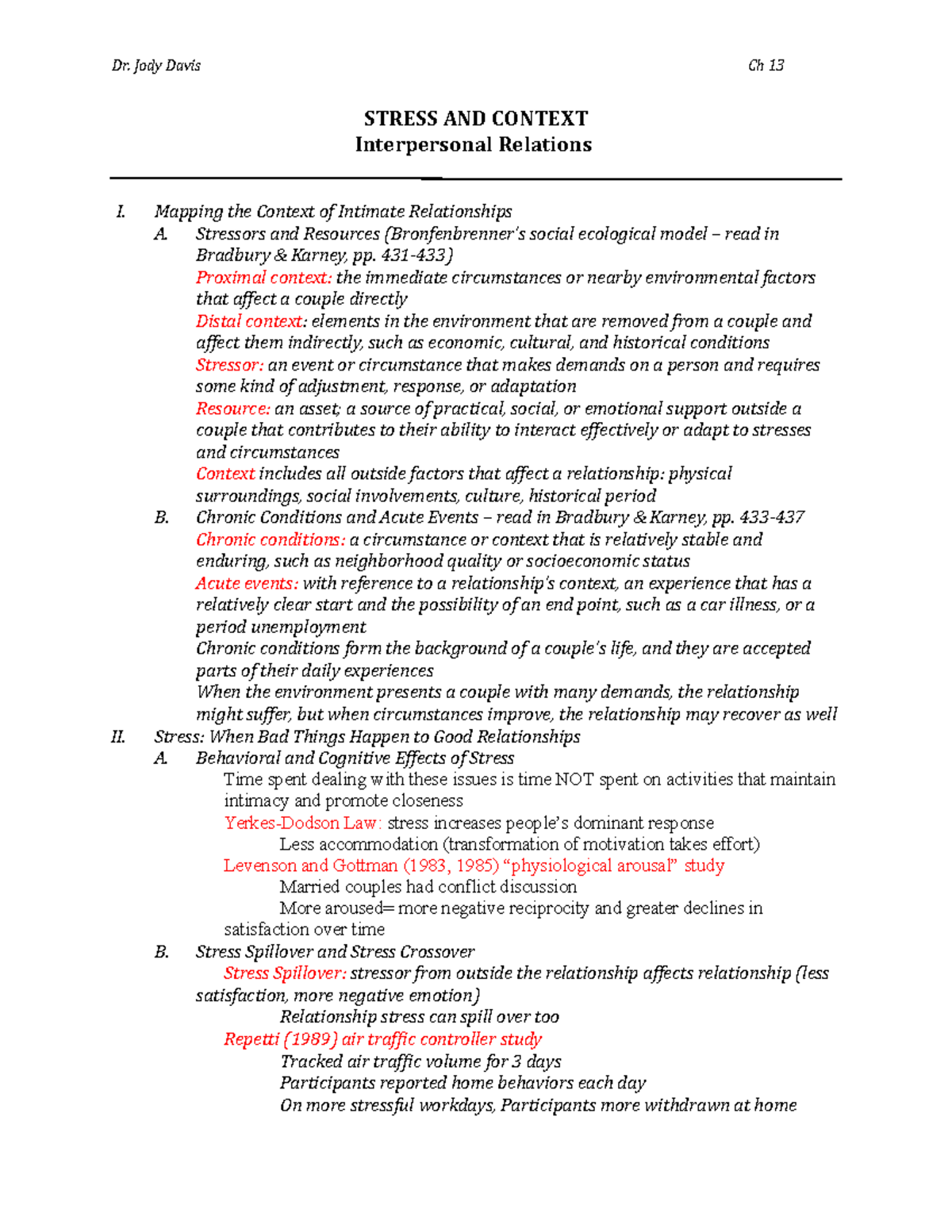 Chapter 13 Outline - STRESS AND CONTEXT Interpersonal Relations I ...