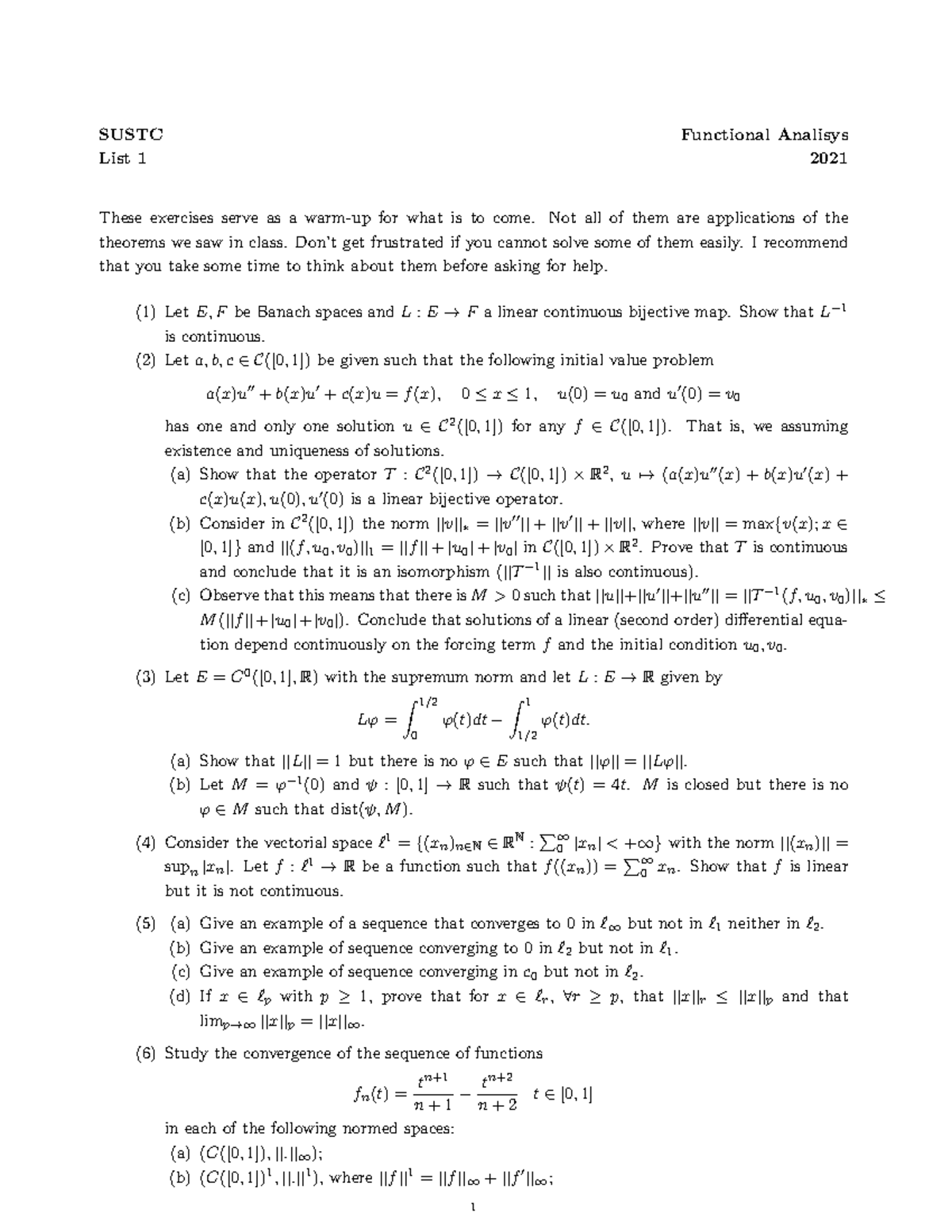1 func an EX1 - SUSTC Functional Analisys List 1 2021 These exercises serve as a warm-up for ...