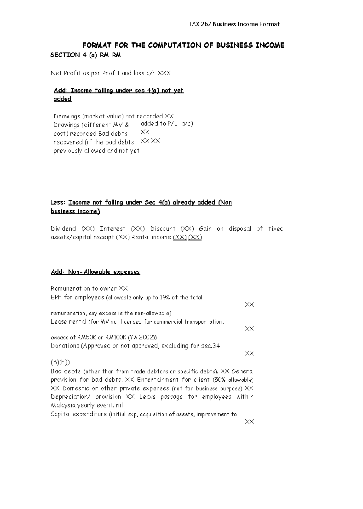 Format Business Income - TAX 267 Business Income Format FORMAT FOR THE ...