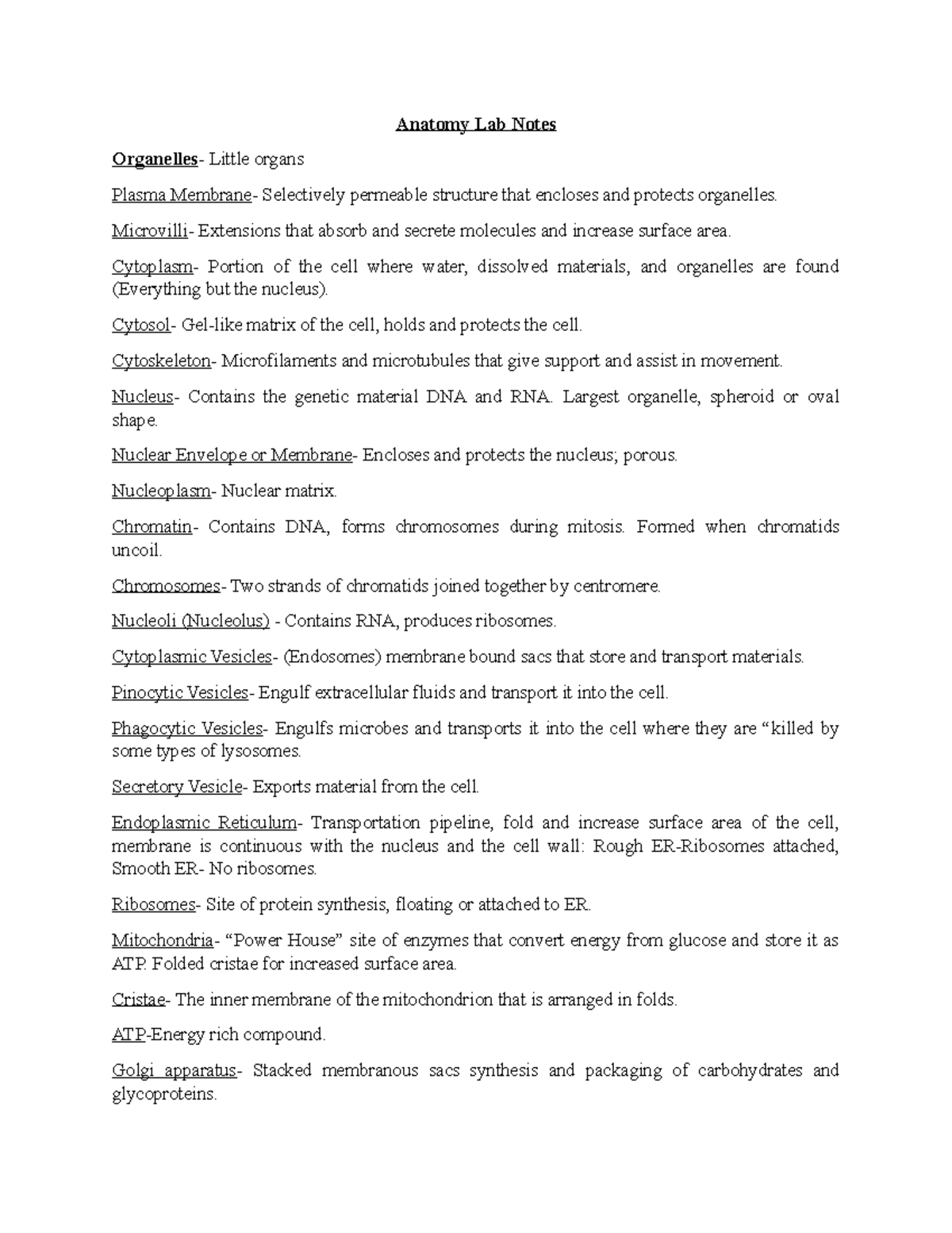 Anatomy Lab Notes for Exam One - Anatomy Lab Notes Organelles- Little ...
