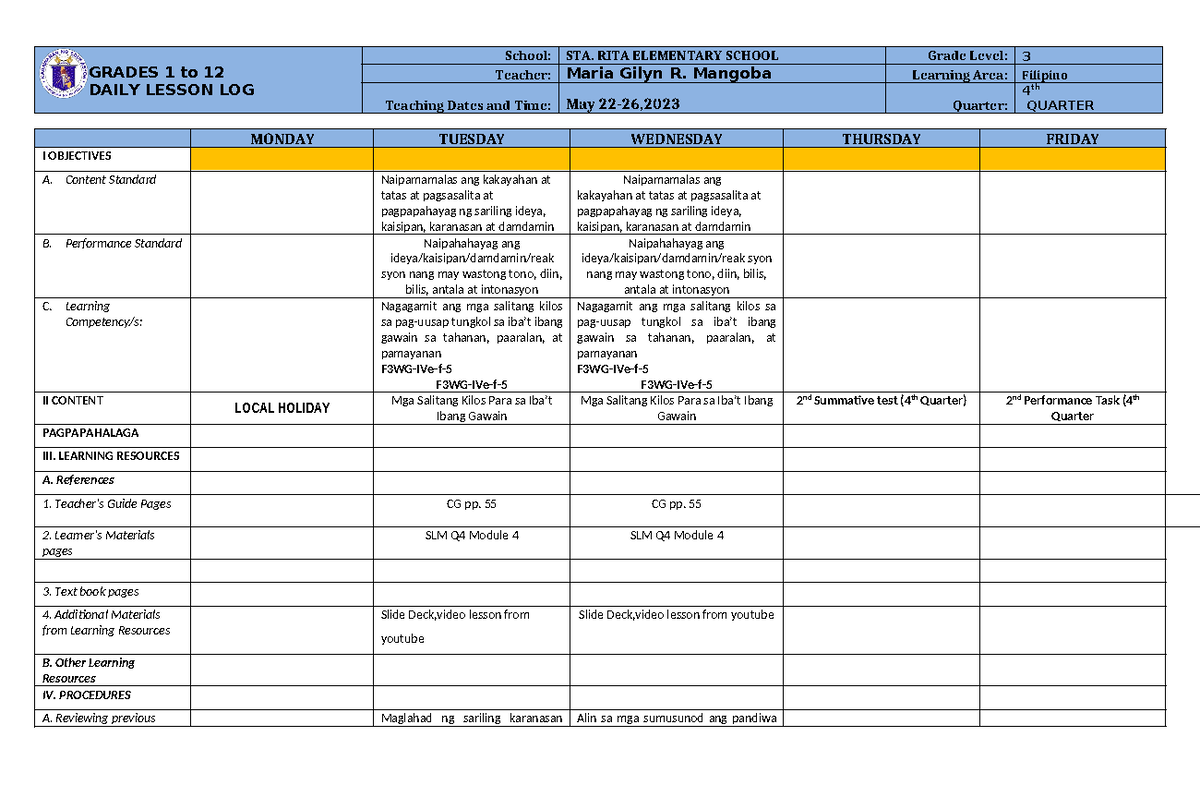 FIL-3 Q4 W4-DLL - lesson plan - GRADES 1 to 12 DAILY LESSON LOG School ...