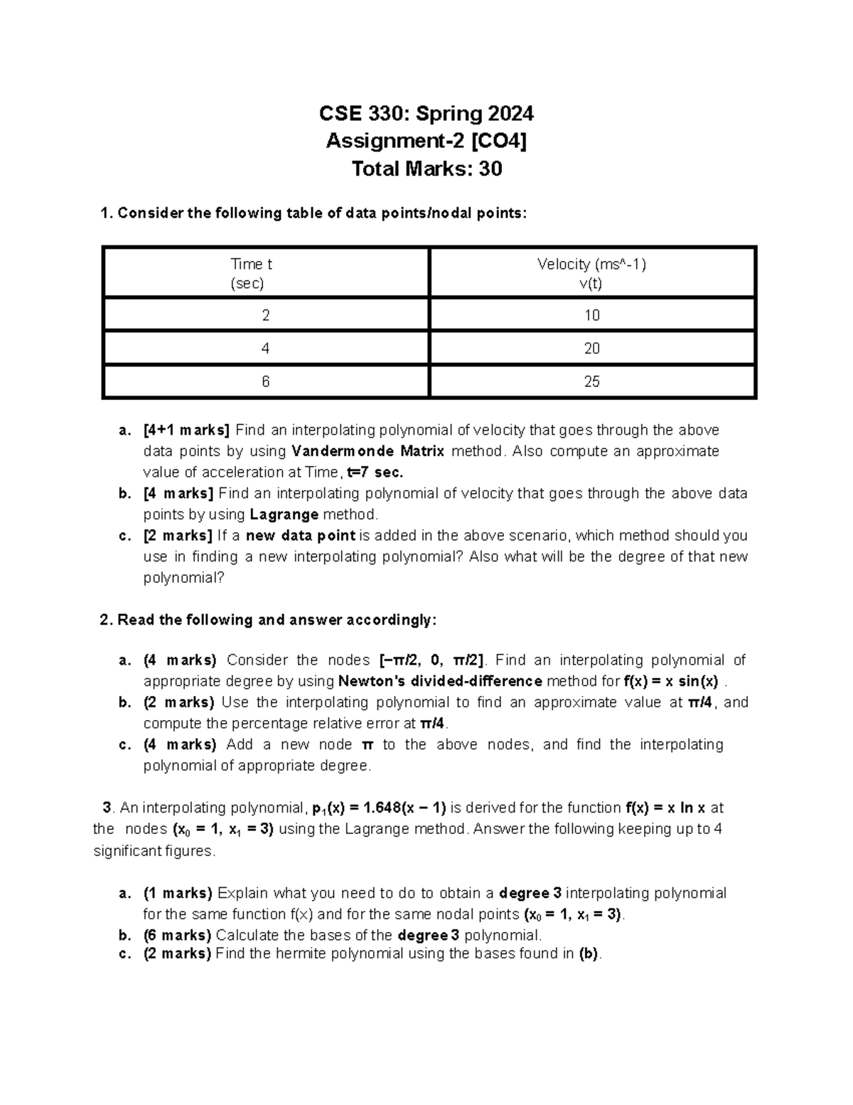 CSE330 Assignment 2 Spring 2024 - CSE 330: Spring 2024 Assignment-2 [CO4] Total Marks: 30 ...