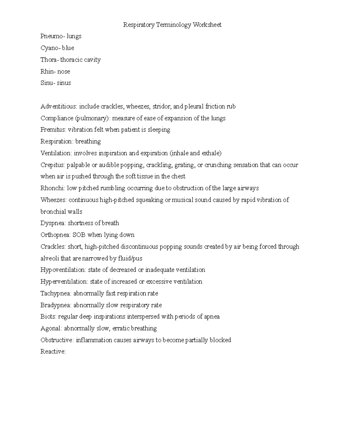 N120 Respiratory Terminology Worksheet - Respiratory Terminology ...