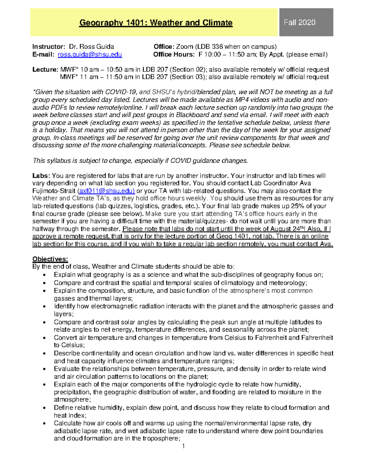 Geog1401 Syllabus Fall2020 Guida - Instructor: Dr. Ross Guida Office ...