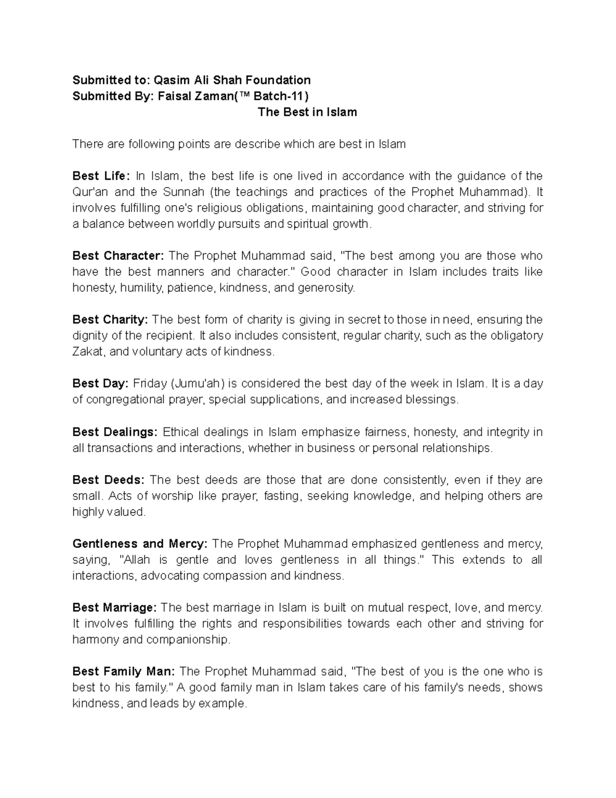 The Best in Islam - Notes - Submitted to: Qasim Ali Shah Foundation ...
