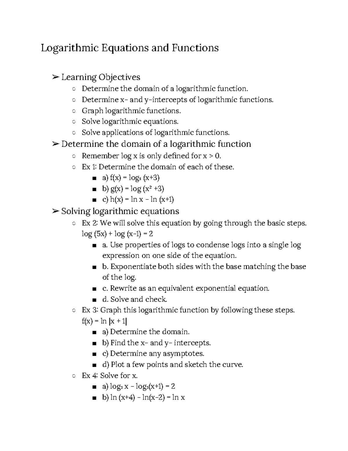 Math 1050 Lecture Notes Class 19 - Logarithmic Equations and Functions ...