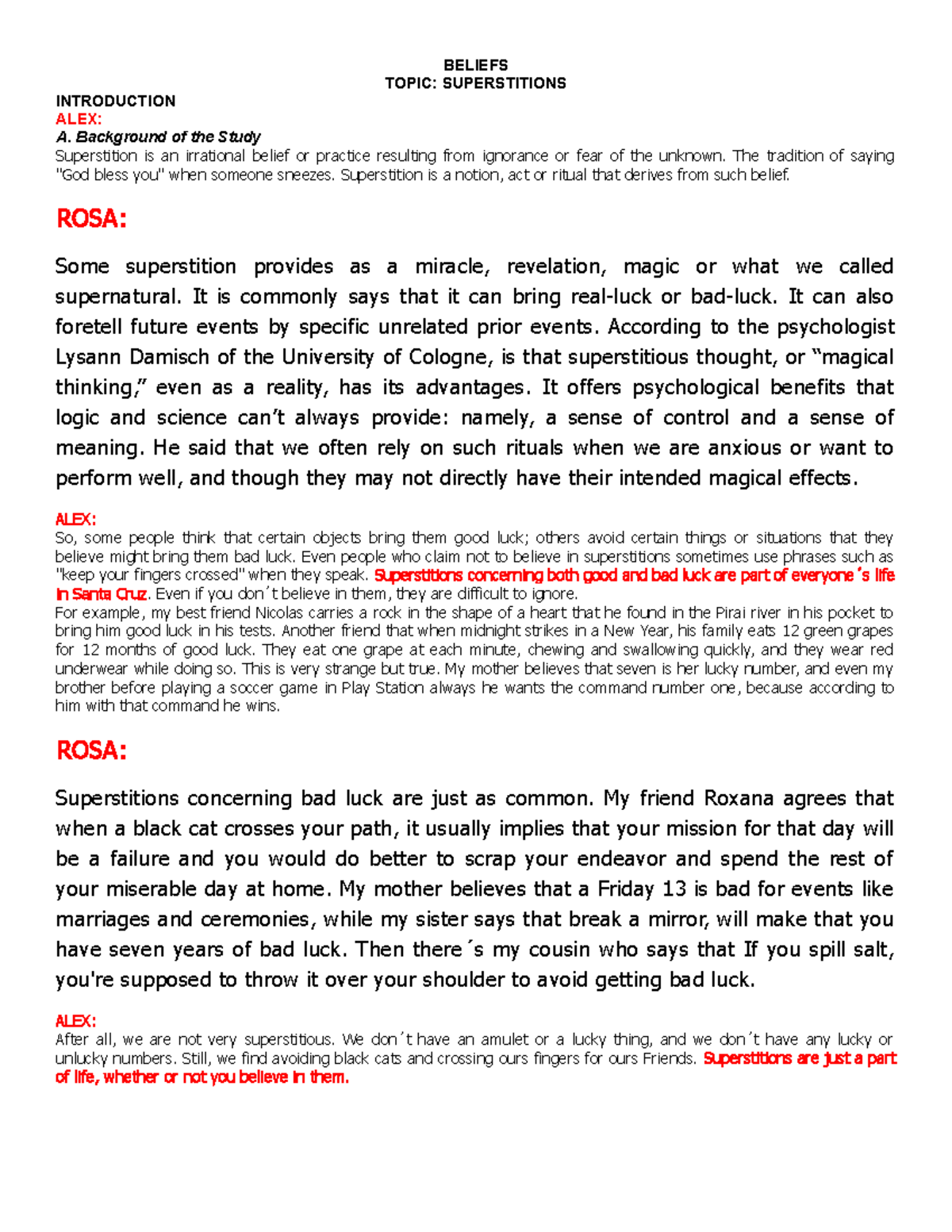 Exam 16 2016, questions and answers - BELIEFS TOPIC: SUPERSTITIONS ...