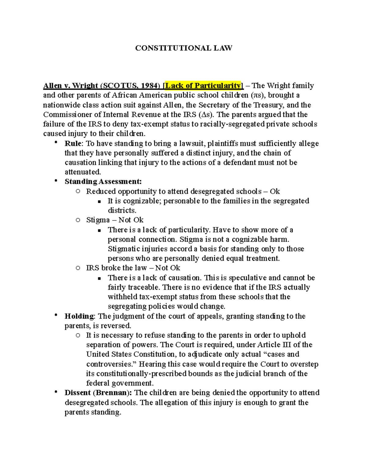 Constitutional LAW Standing Lecture - CONSTITUTIONAL LAW Allen v ...