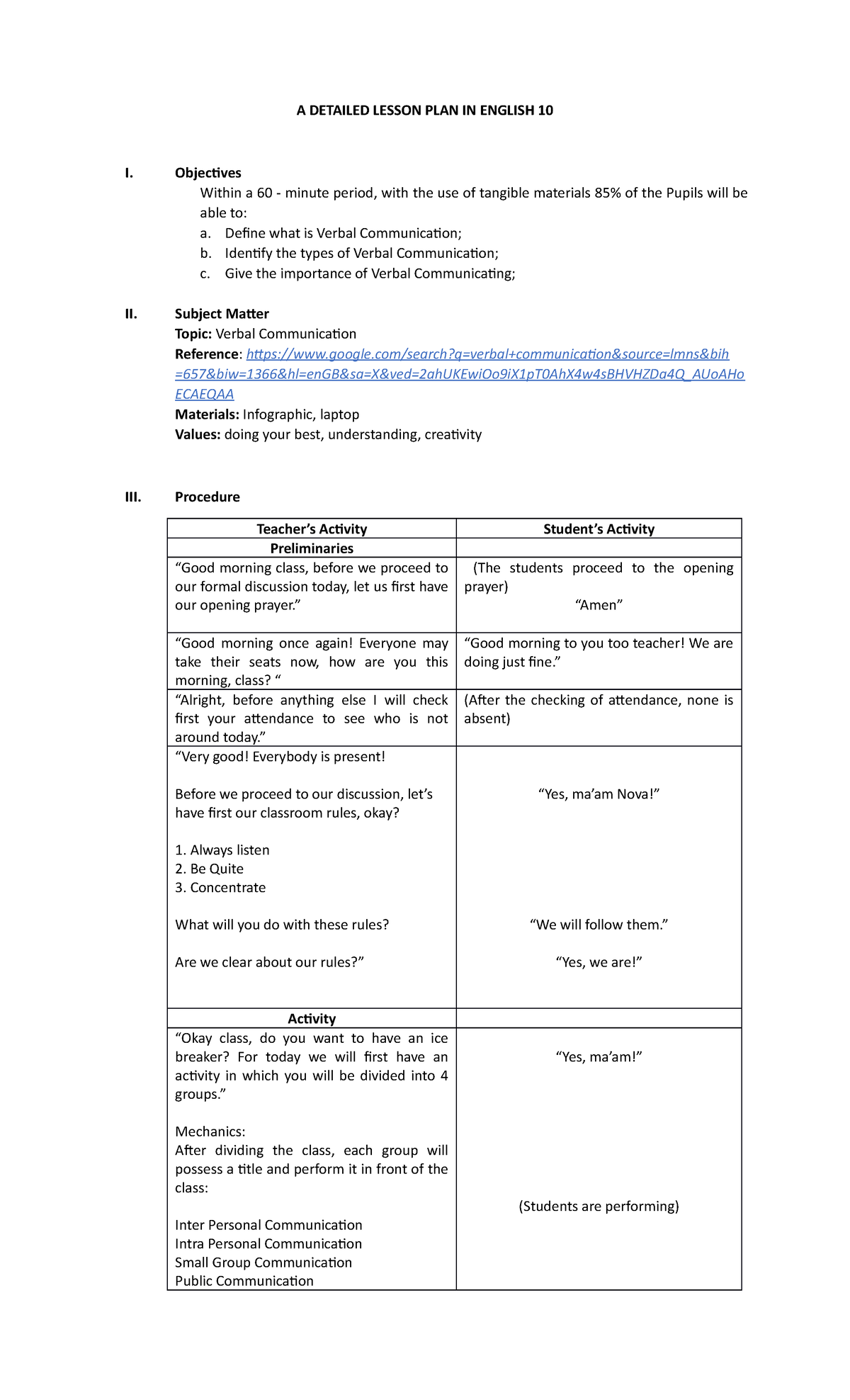 Detailed LP in college and highschool - A DETAILED LESSON PLAN IN ...