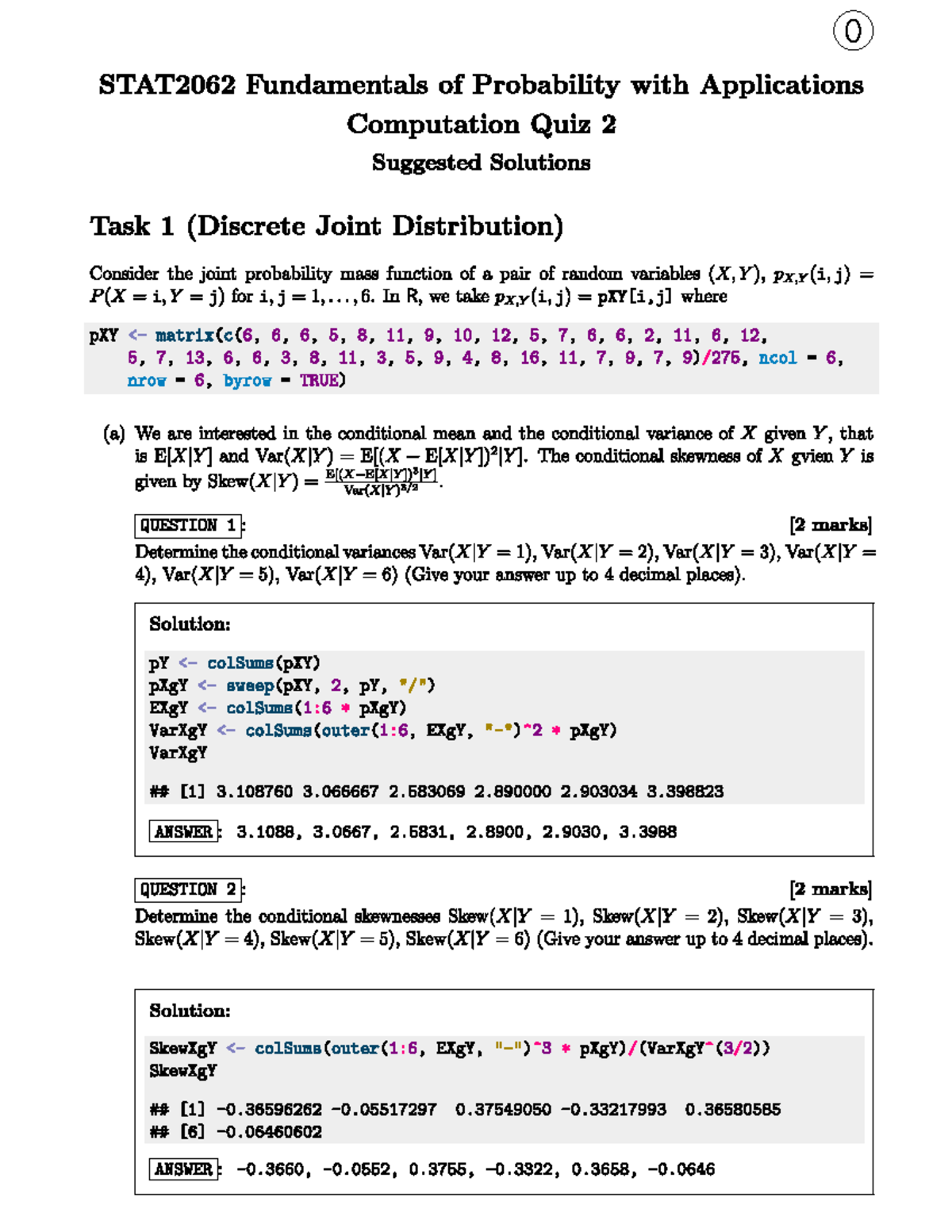 2020 Quiz Stat 2 Sol - STAT2062 Fundamentals of Probability with ...