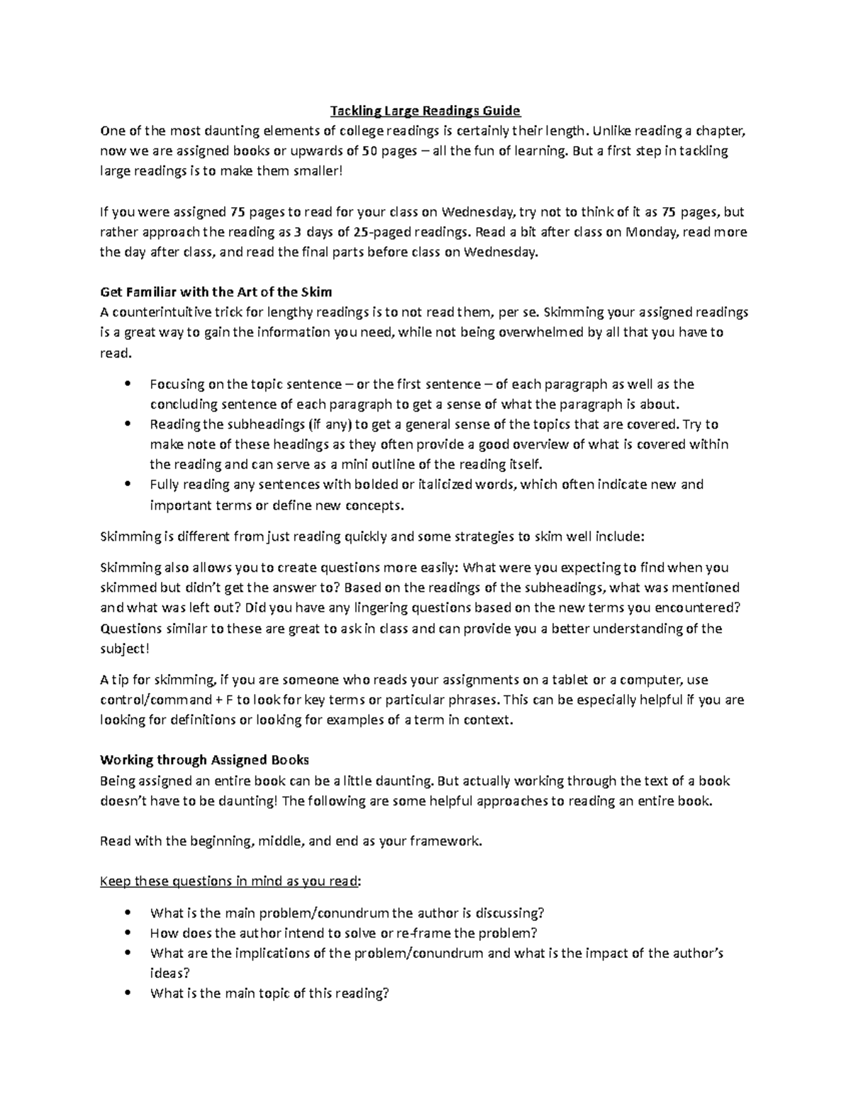 Week 3 Sup. Mat. Tackling Large Reading Guide - Tackling Large Readings ...