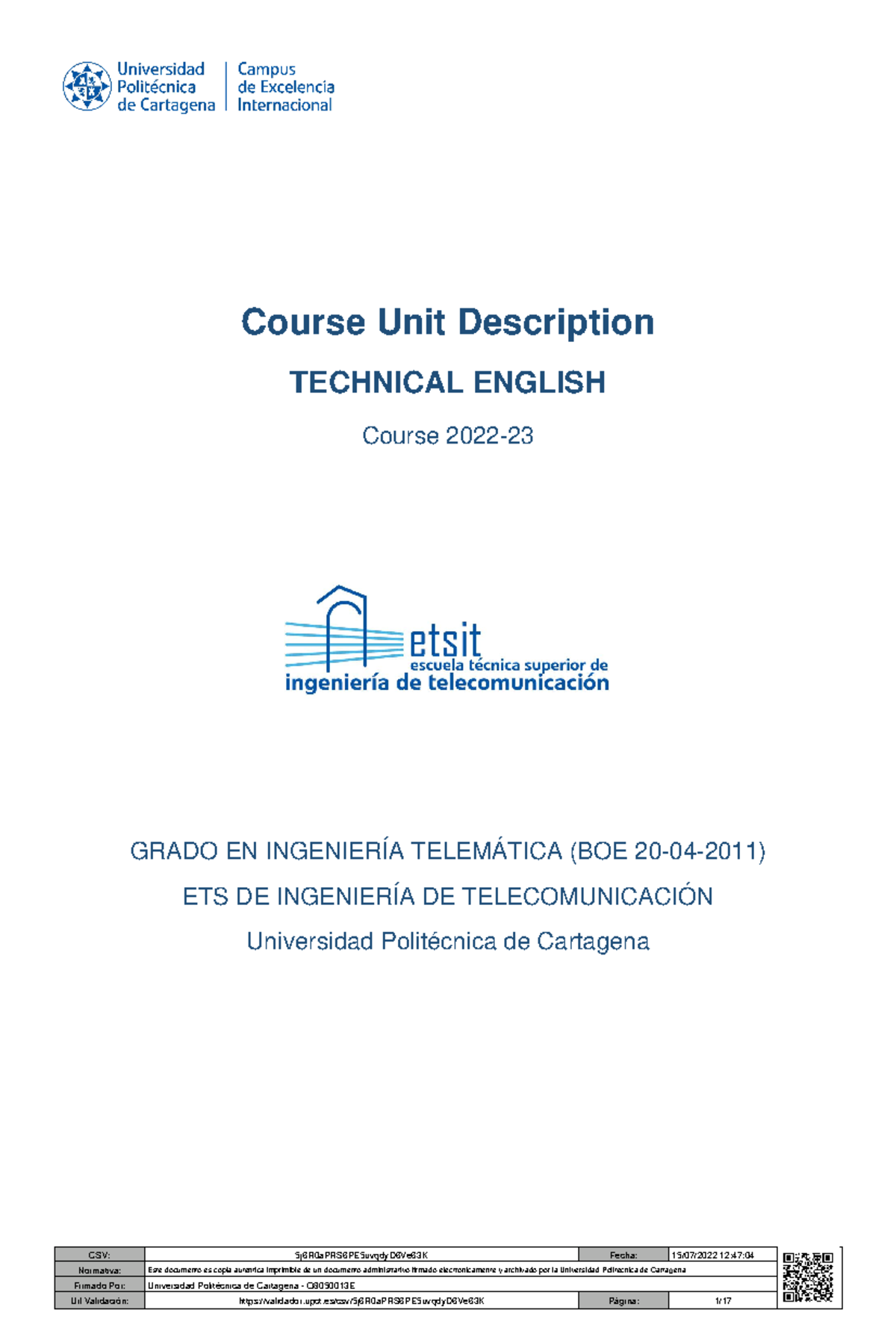 Firmado GDOC 505103005 2022-23 P EN - Course Unit Description TECHNICAL ENGLISH Course 2022 ...