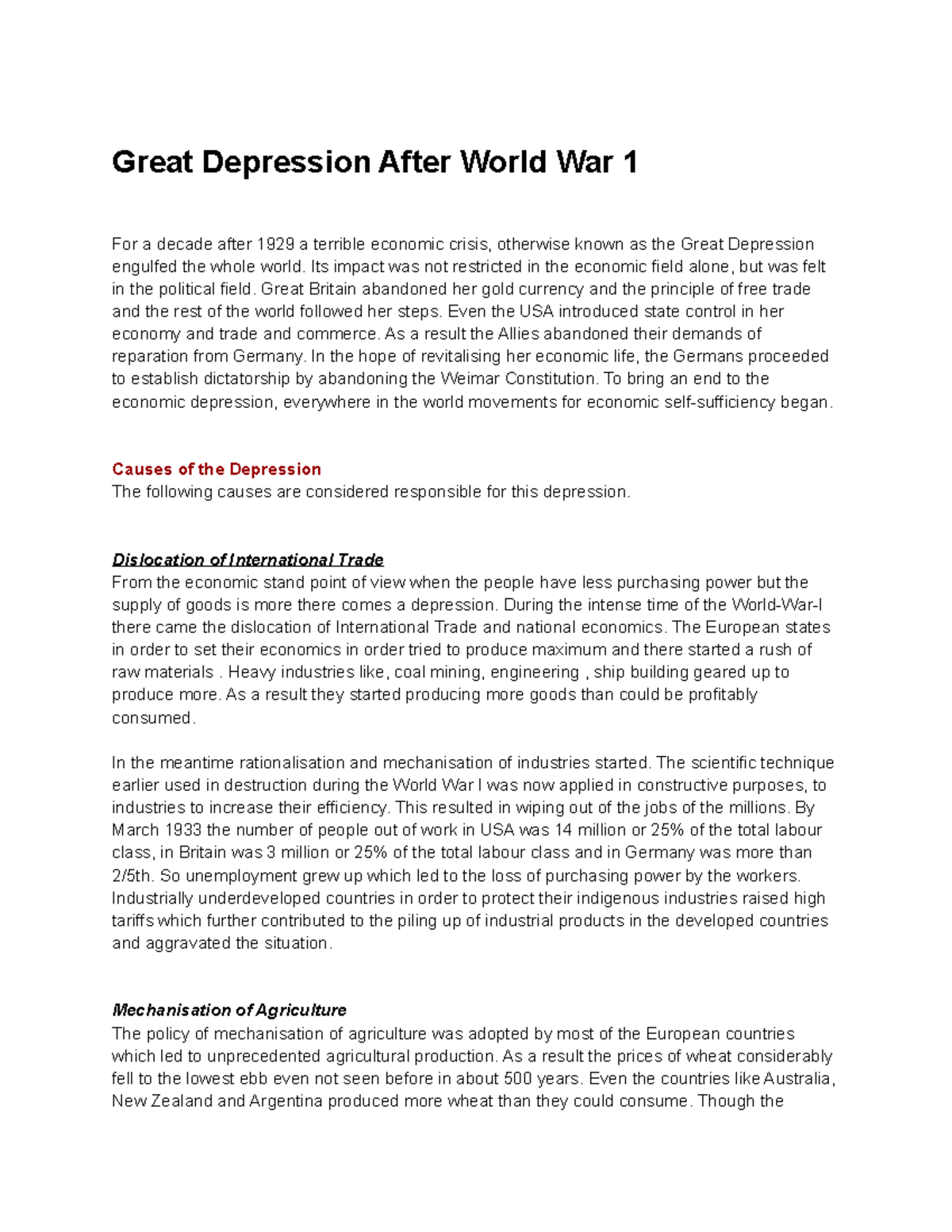 Great Depression after World War I - Great Depression After World War 1 ...