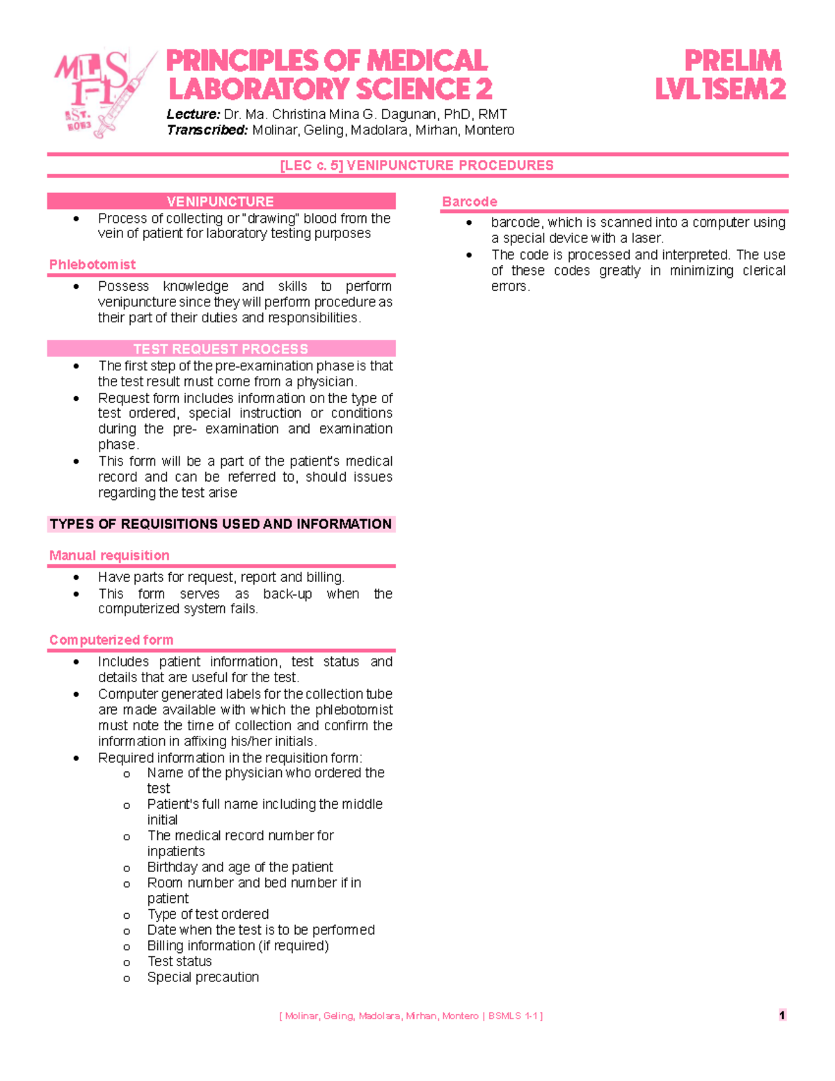 [MLS 1-1] MLS105 Lab c.5-8 - Lecture: Dr. Ma. Christina Mina G. Dagunan, PhD, RMT Transcribed ...