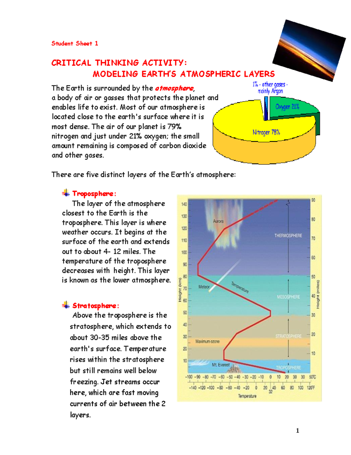 Modeling atmosphere student sheet - 1 Student Sheet 1 CRITICAL THINKING ...