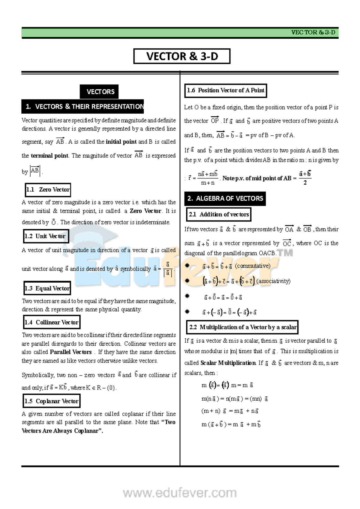 Chapter 10 - Vector Algebra Revision Notes - VECTORS 1. VECTORS & THEIR ...