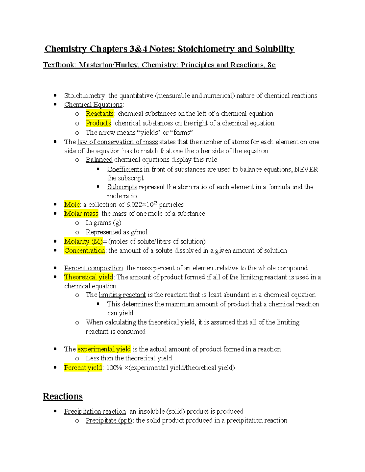 CHM 110 Unit 2 Notes - Textbook chapter outline, highlighting key ...