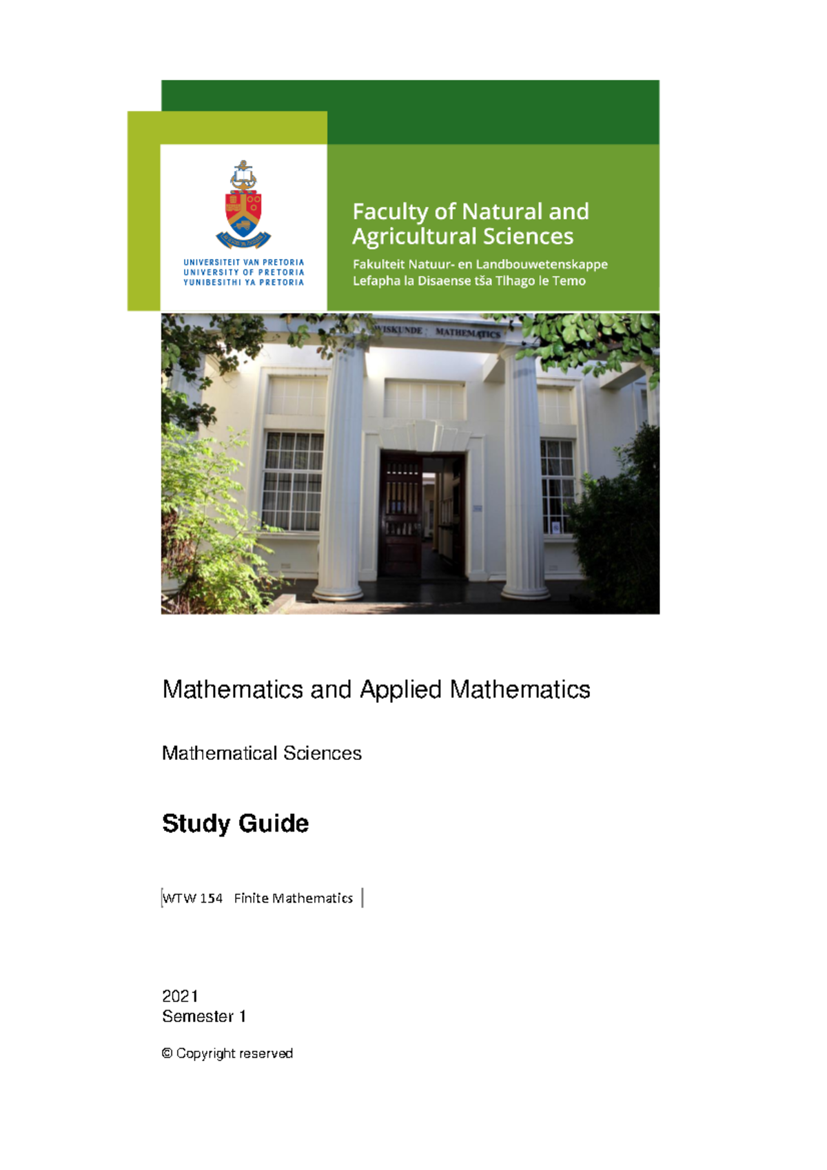 WTW 154 Study Guide 2021 - Part I - Mathematics and Applied Mathematics ...
