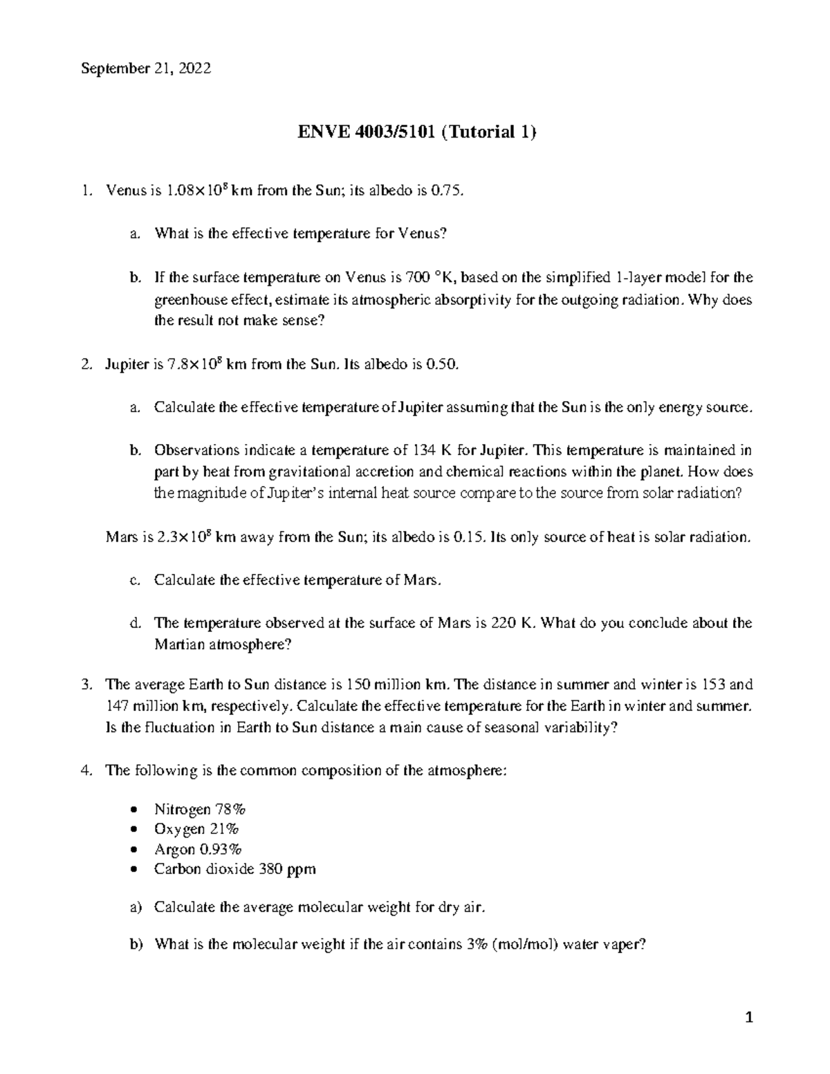 ENVE4003 5101 Tutorial 1 Modified - 1 September 21, 2022 ENVE 4003/5101 ...