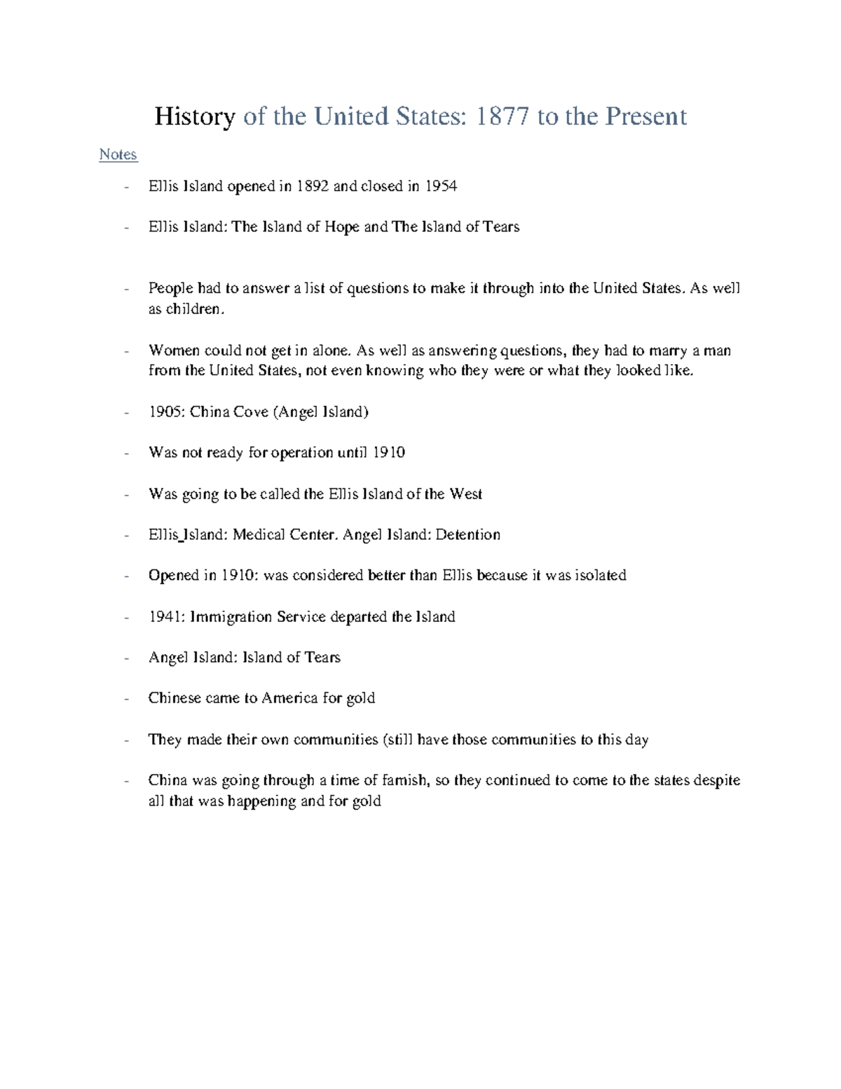 History Notes 1 - History of the United States: 1877 to the Present ...