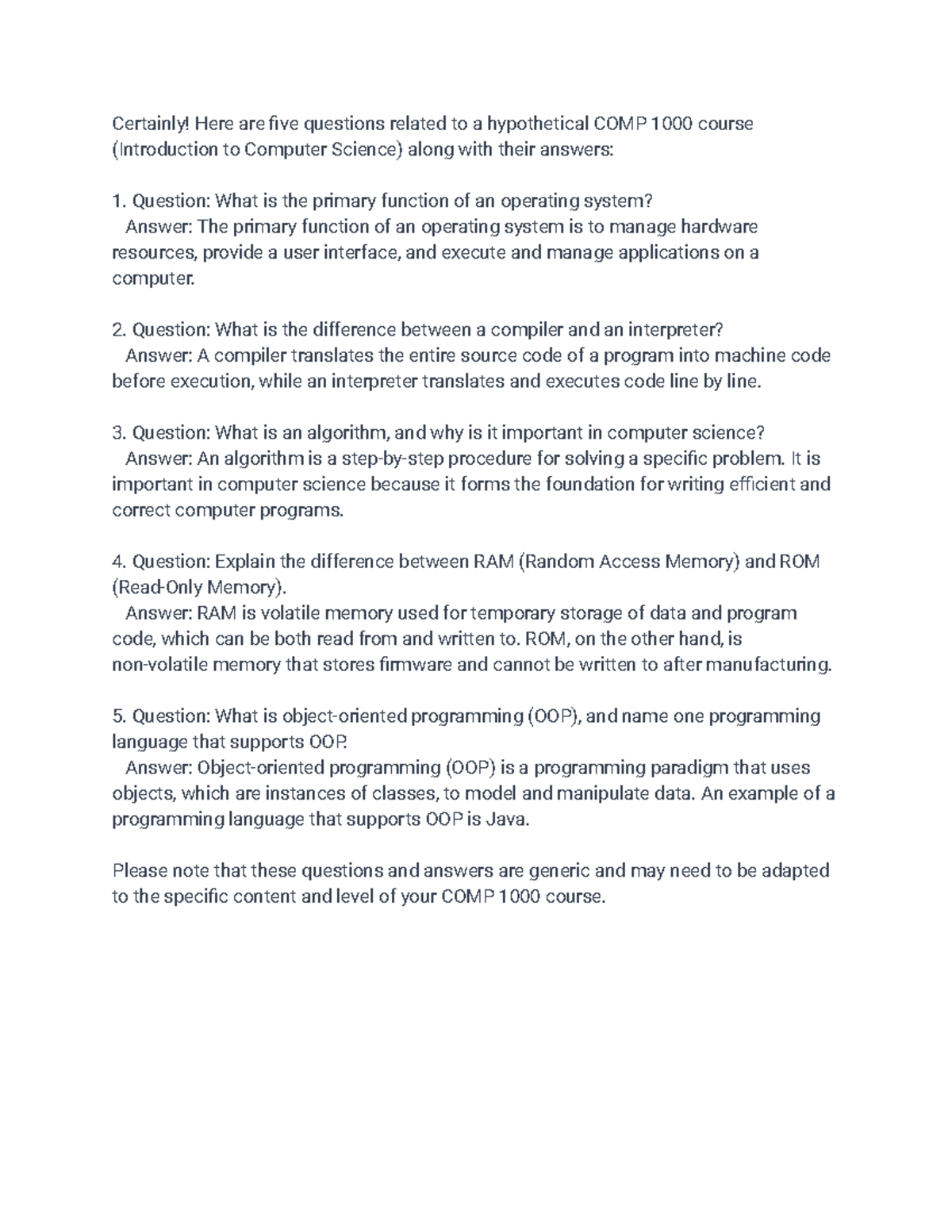 Comp 1000 - good - Certainly! Here are five questions related to a ...