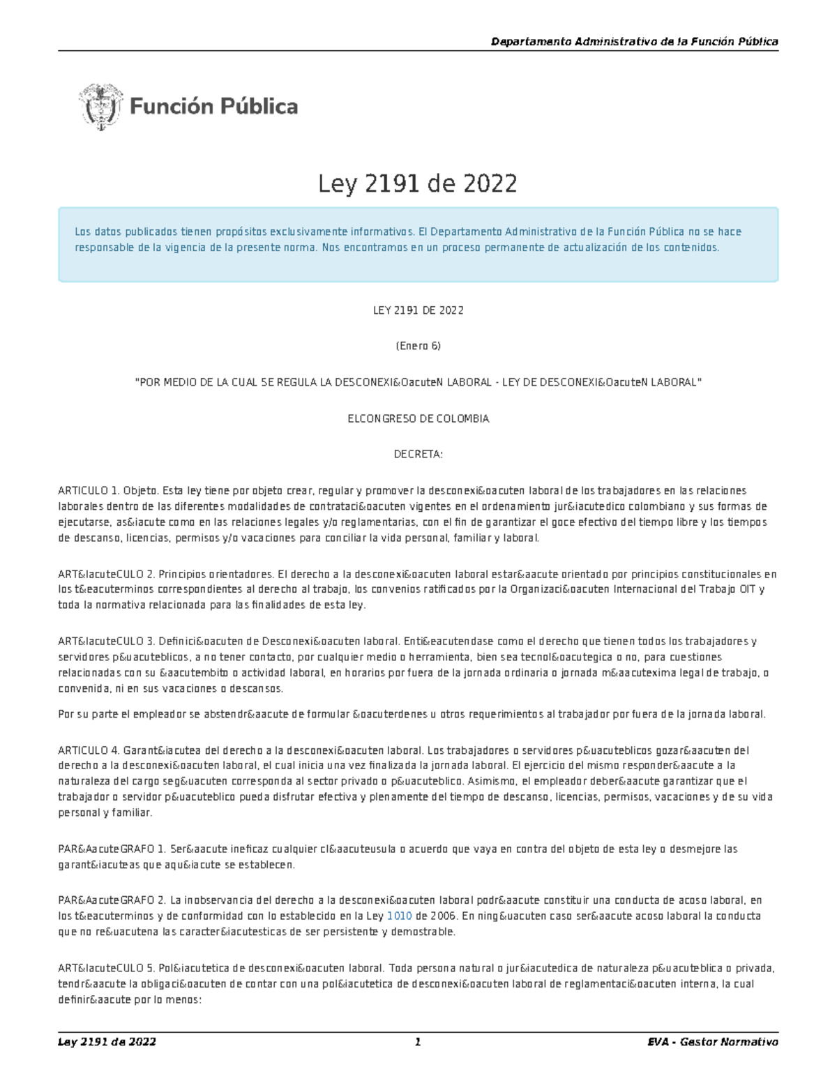 Norma 2191 de 2022 - //////////// - Departamento Administrativo de la Función Pública Ley 2191 ...