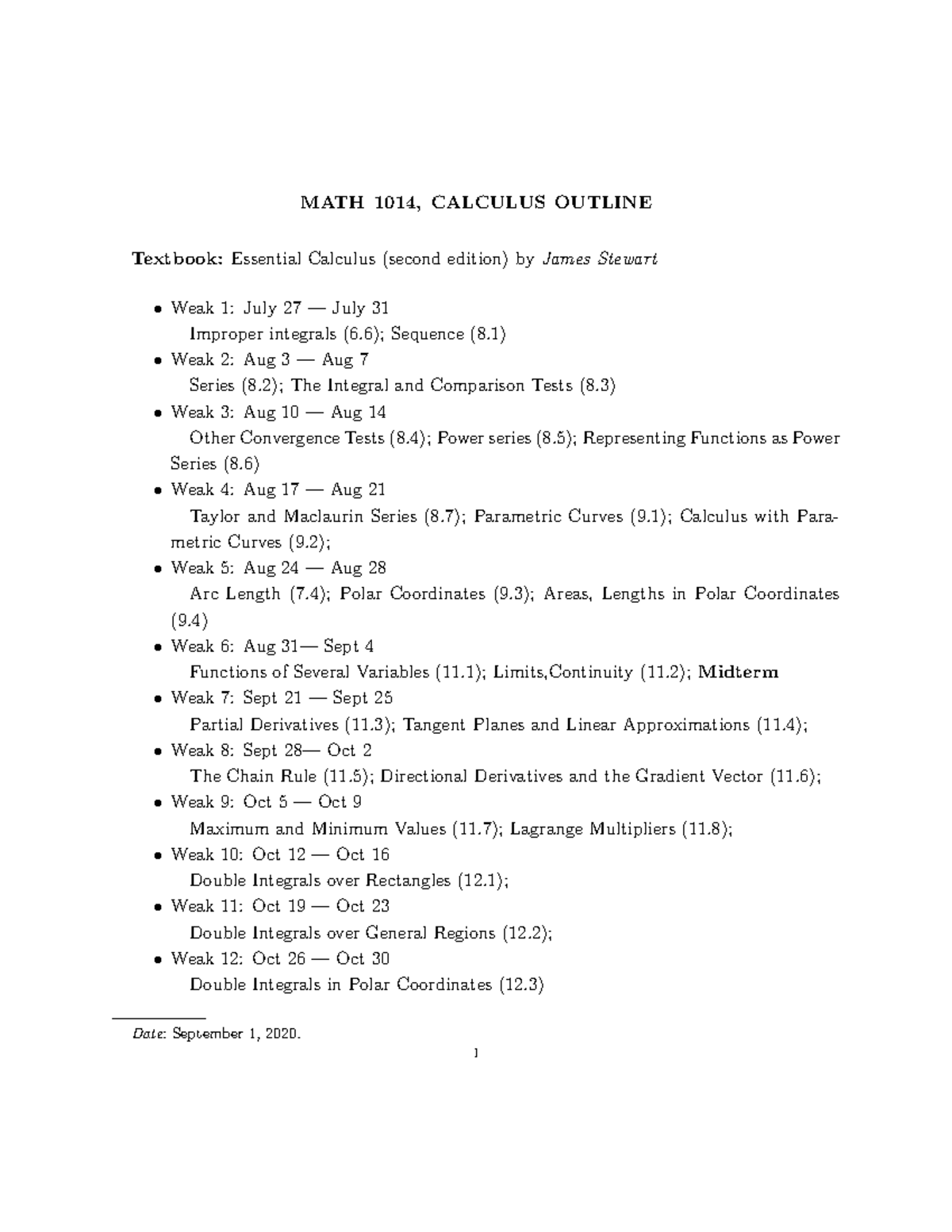 CALCulus lecture notes - MATH 1014, CALCULUS OUTLINE Textbook ...