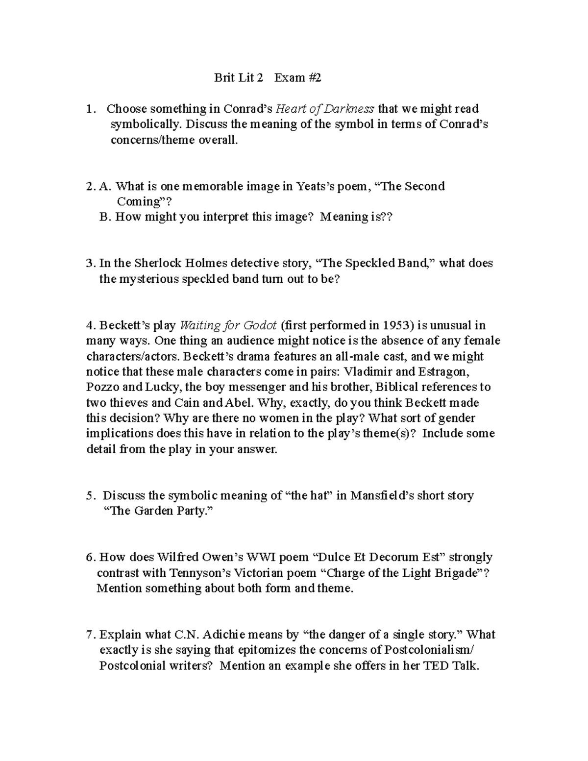 Brit Lit 2 Exam - This is the test and its questions!! - Brit Lit 2 ...