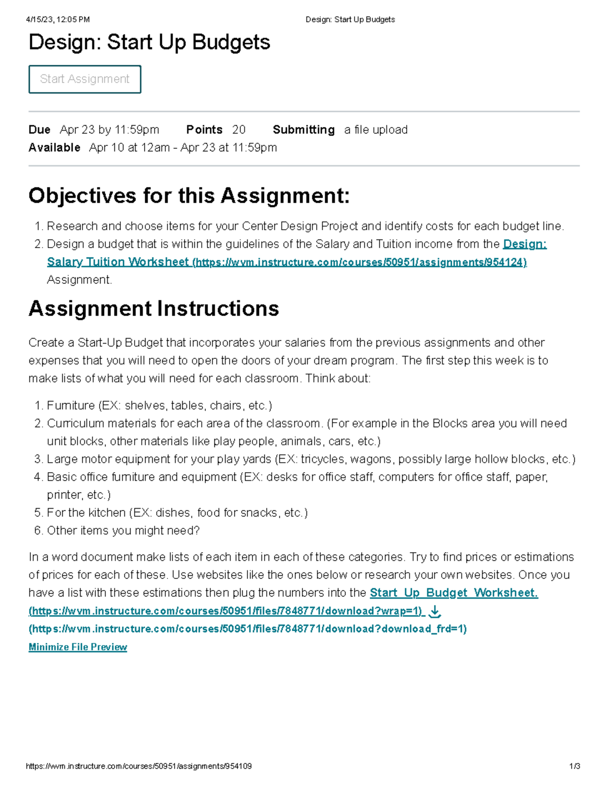 Design Start Up Budgets - instructure/courses/50951/assignments/954109 ...