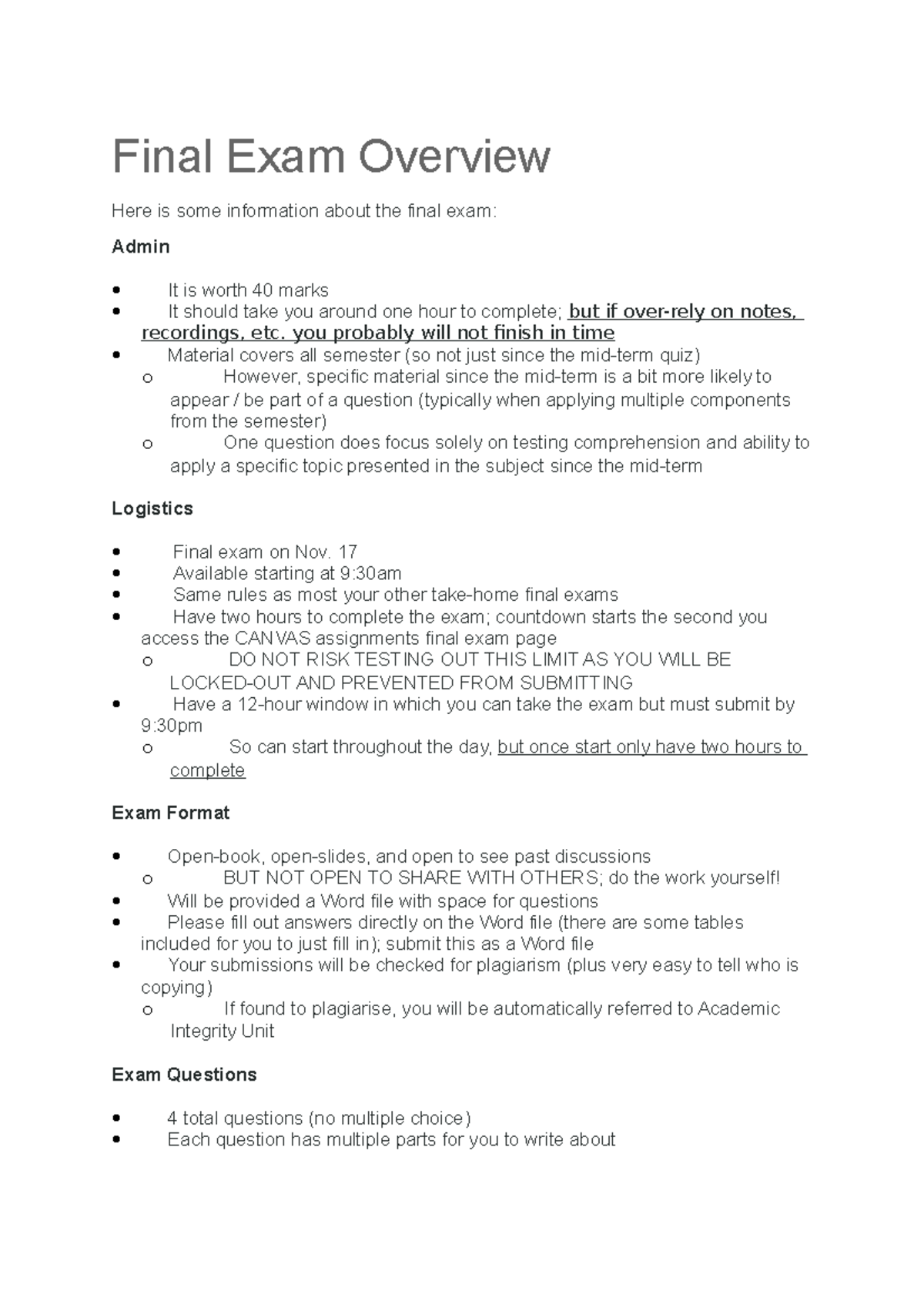 Final Exam Overview - Final Exam Overview Here is some information ...
