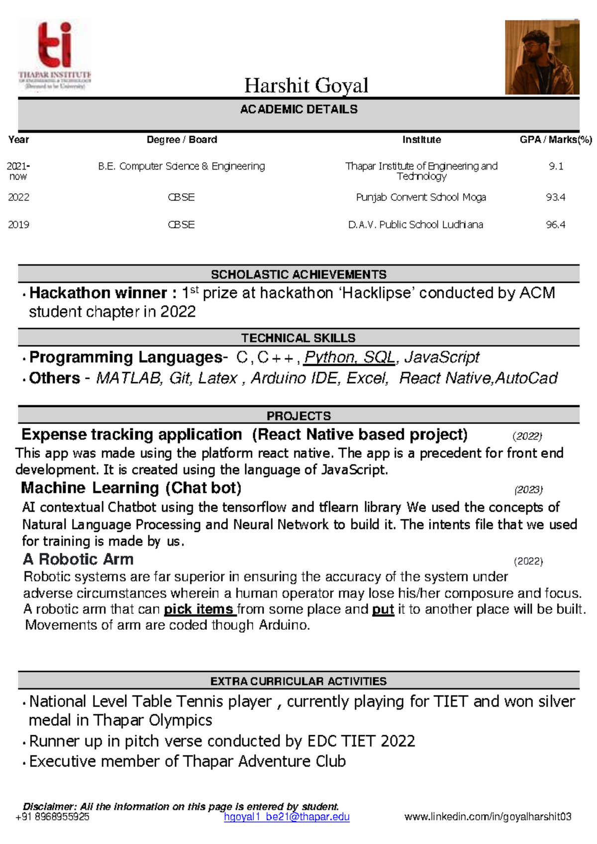 Resume - SCHOLASTIC ACHIEVEMENTS TECHNICAL SKILLS PROJECTS EXTRA ...