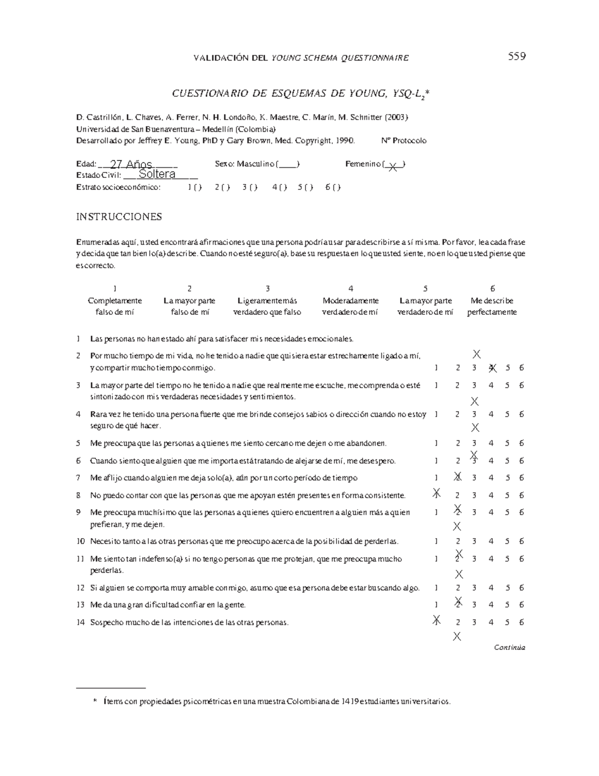 YSQ L2 - prueba - VALIDACIÓN DEL YOUNG SCHEMA QUESTIONNAIRE 559 Ítems con propiedades ...