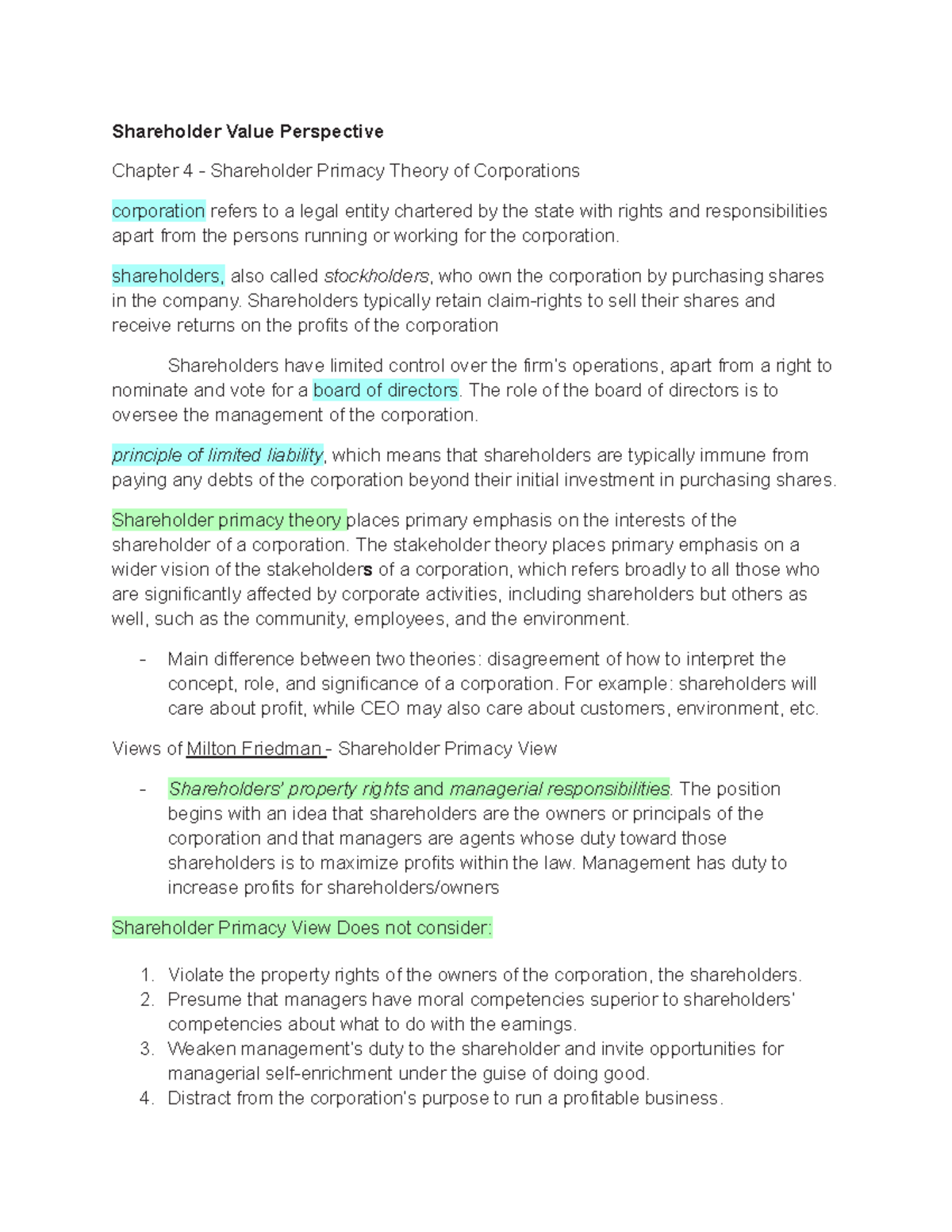 Unit 4 Textbook Notes - Shareholder Value Perspective Chapter 4 ...