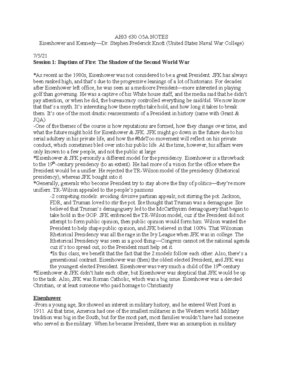 Eisenhower & Kennedy - Notes - AHG 630 O5A NOTES Eisenhower and Kennedy ...