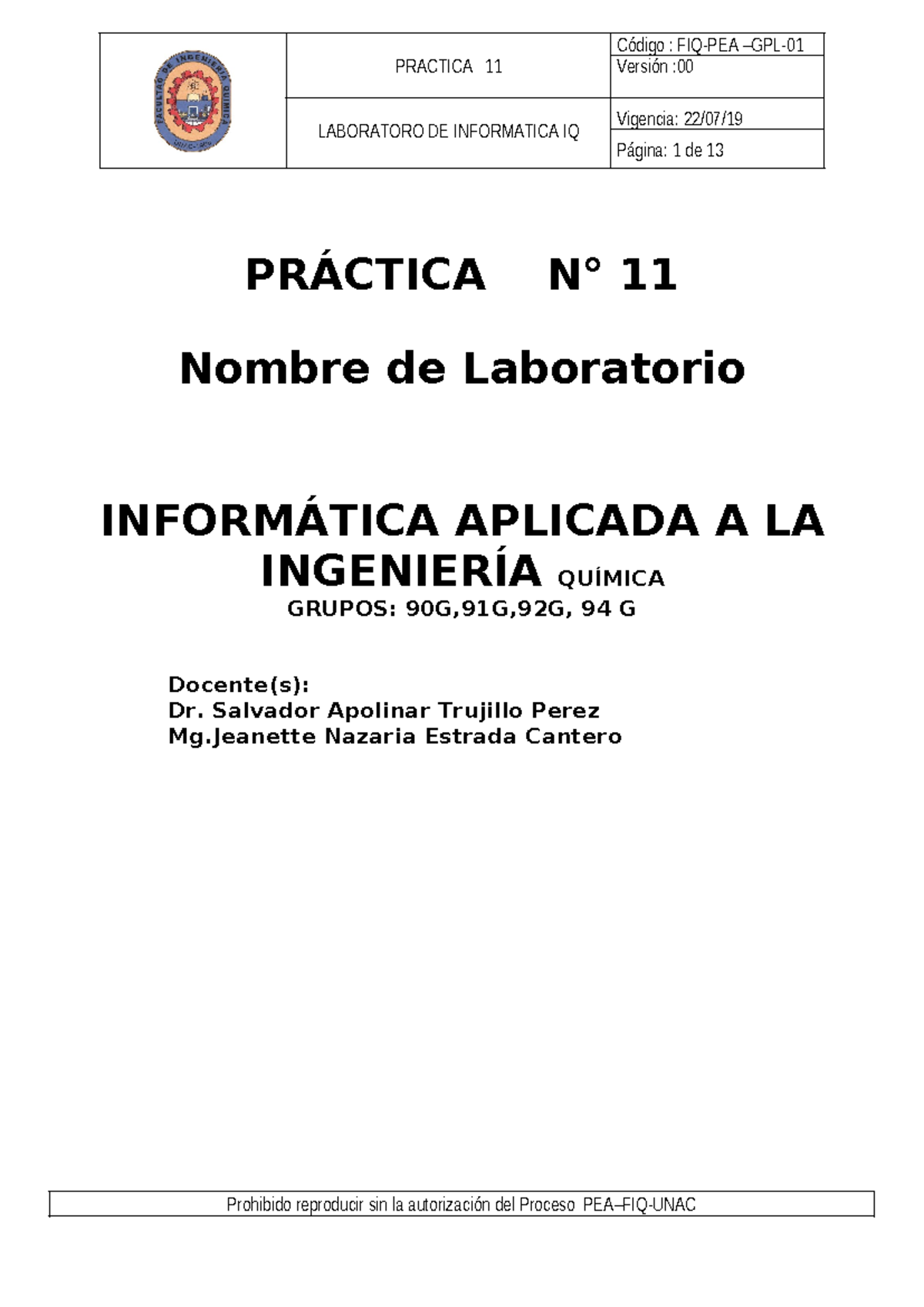 Practica 11 Procedimientos - PRACTICA 11 Versión : LABORATORO DE INFORMATICA IQ Vigencia: 22/07 ...