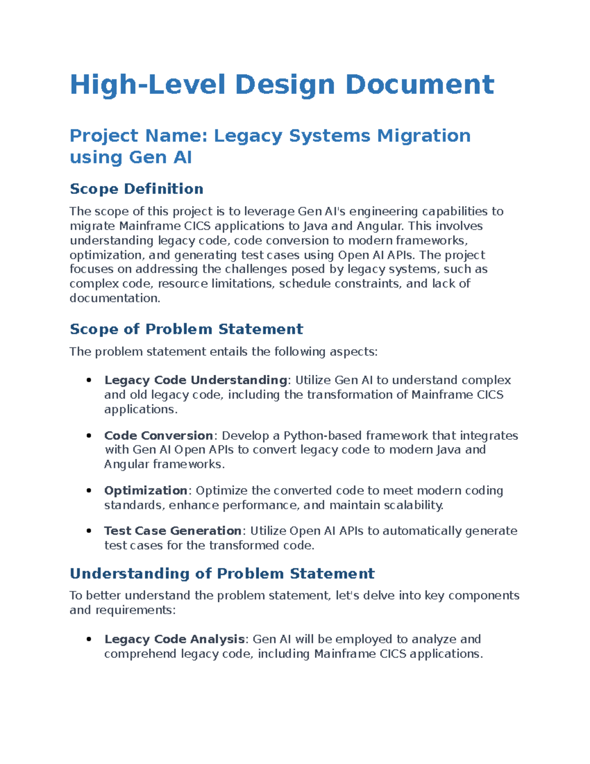 Projec 101 - High-Level Design Document Project Name: Legacy Systems Migration using Gen AI ...