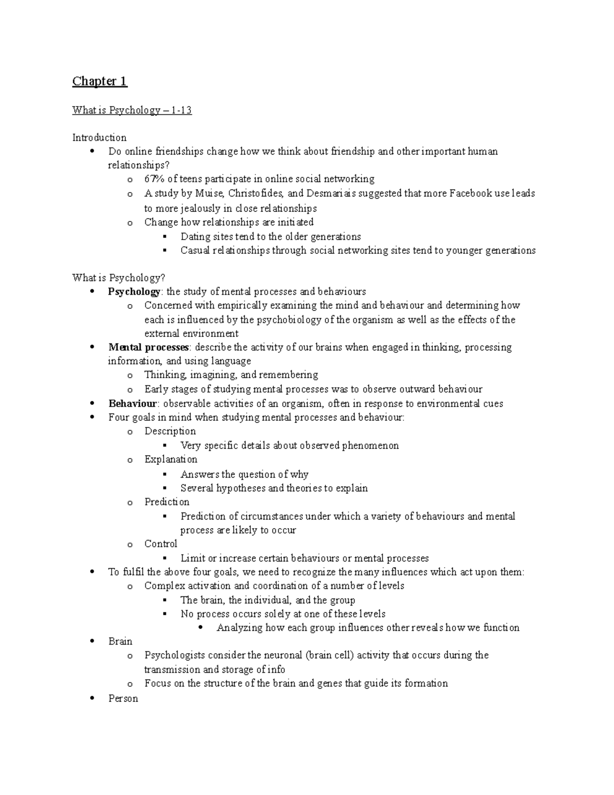 PS101 - Chapter 1 Notes - Chapter 1 What is Psychology – 1 ...