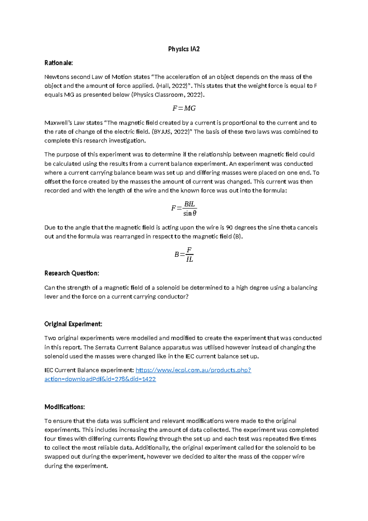Physics IA2 - Physics IA Rationale: Newtons second Law of Motion states ...