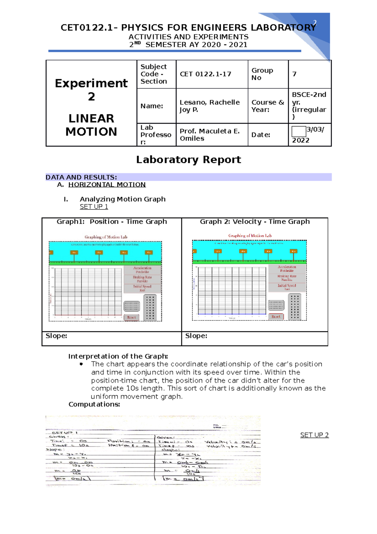 Experiment 2 Linear Motion - Laboratory Report Sheet - CET0122– PHYSICS ...