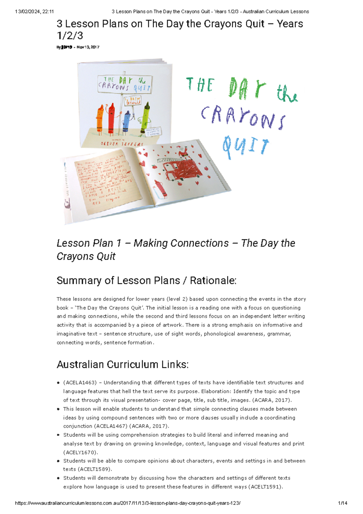 LP The Day the Crayons Quit - Years 1 2 3 - Australian Curriculum ...