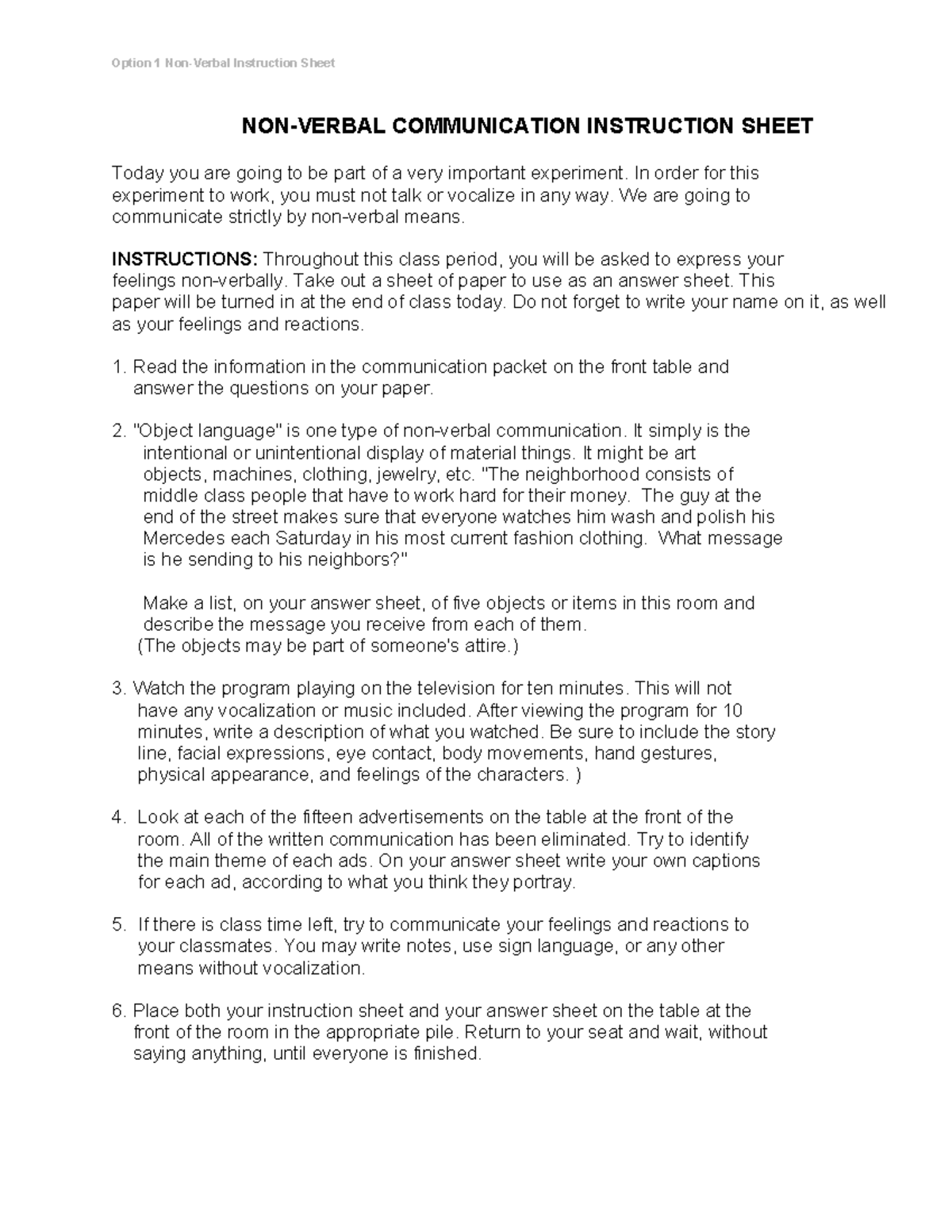 Instruction Sheet - this is be notes - Option 1 Non-Verbal Instruction ...