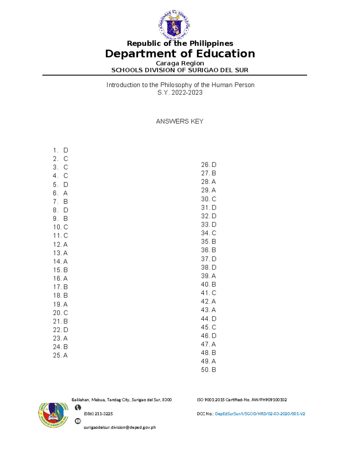IPHP Answer Key - Republic of the Philippines Department of Education ...