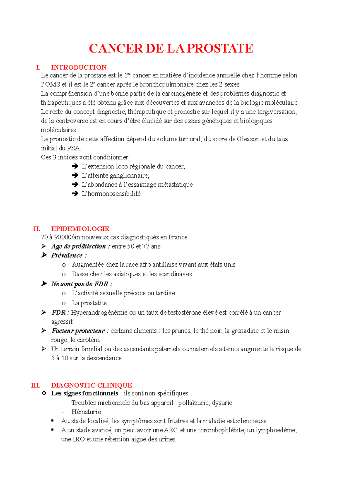 Cancer de la prostate - CANCER DE LA PROSTATE I. INTRODUCTION Le cancer ...