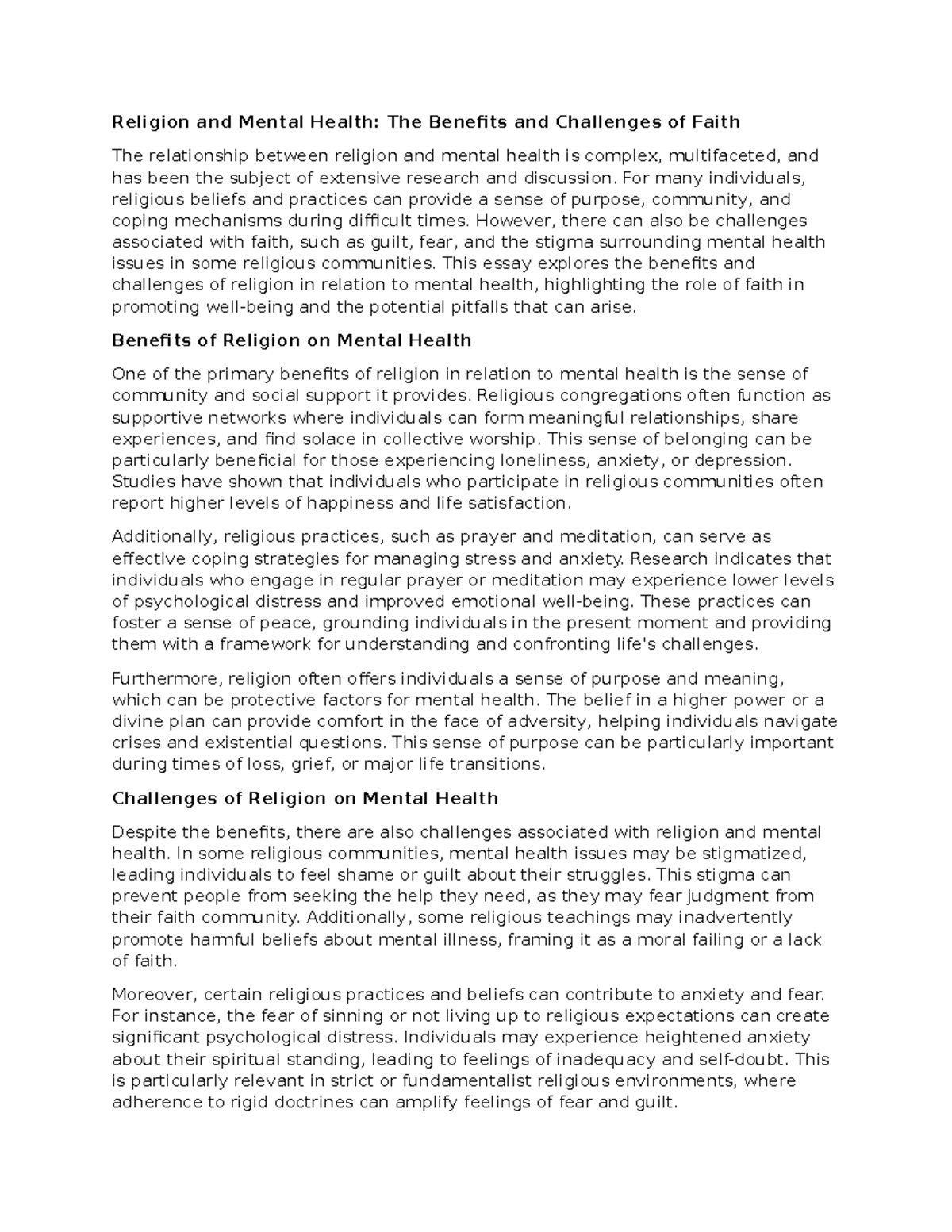 Religion and Mental Health - For many individuals, religious beliefs ...