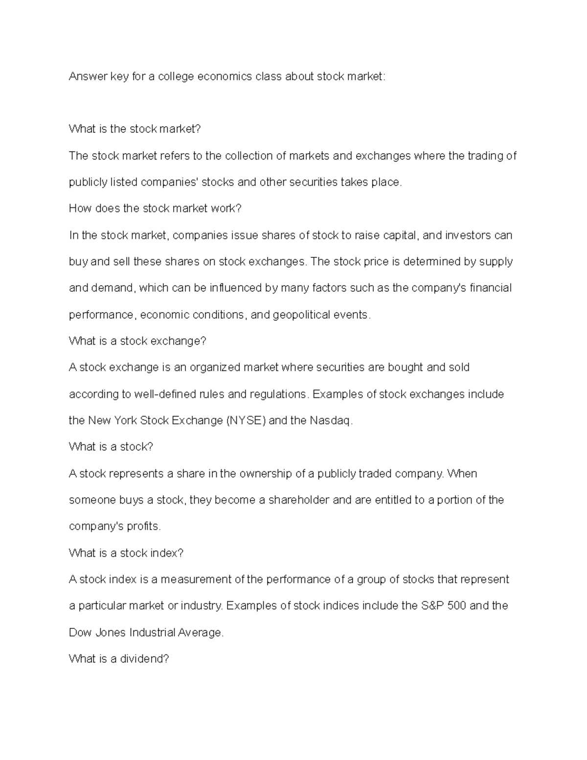 Answer Key College Economics Class - Stock Market - Answer key for a ...