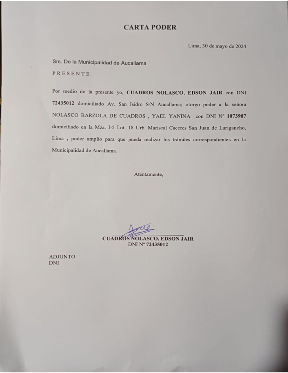 Doc3 - CARTA PODER Lima, 30 de mayo de 2024 Srs. De la Municipalidad de ...
